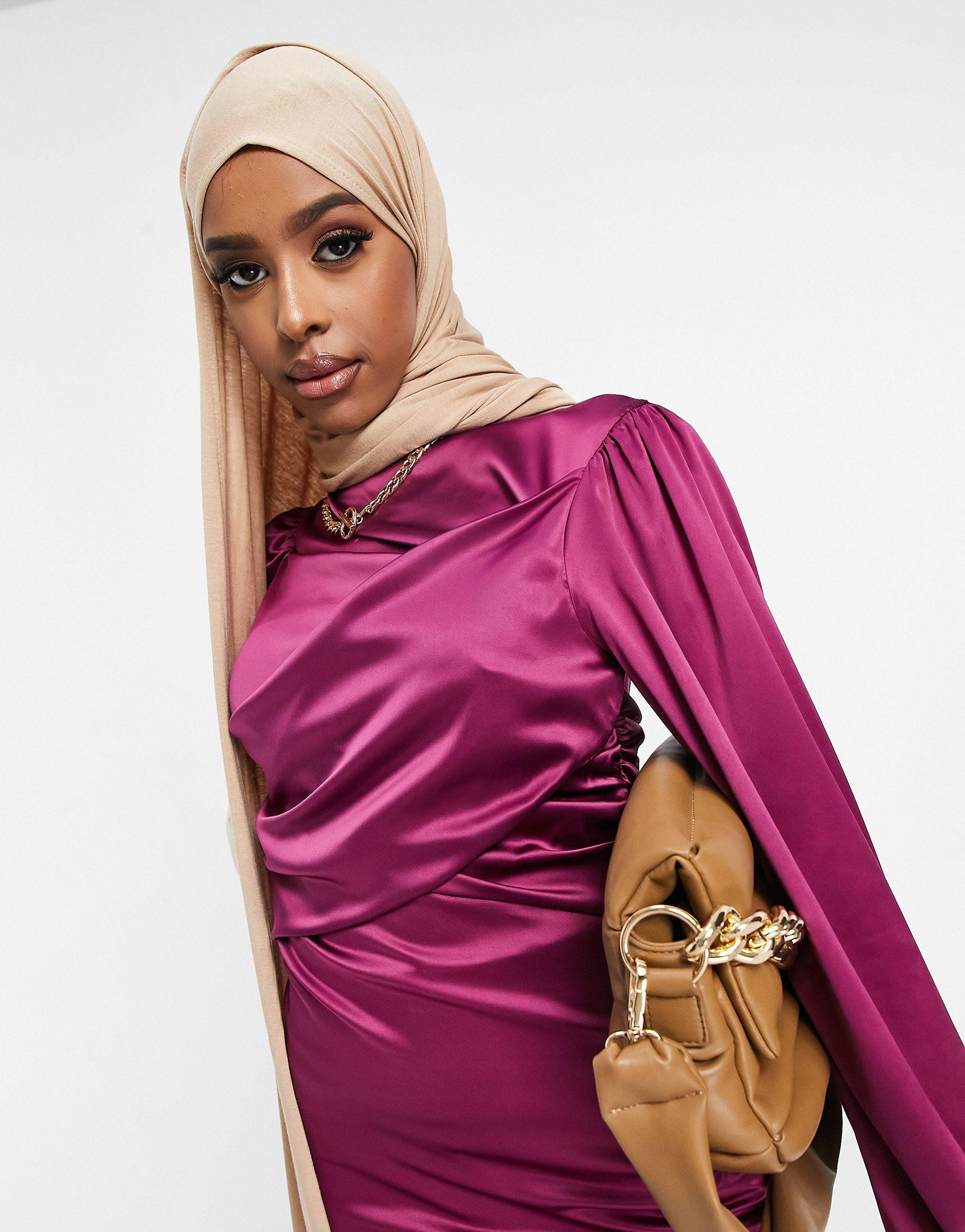 ASOS DESIGN Stretch Satin Long Sleeve Tuck Maxi Dress In Plum | atelier ...