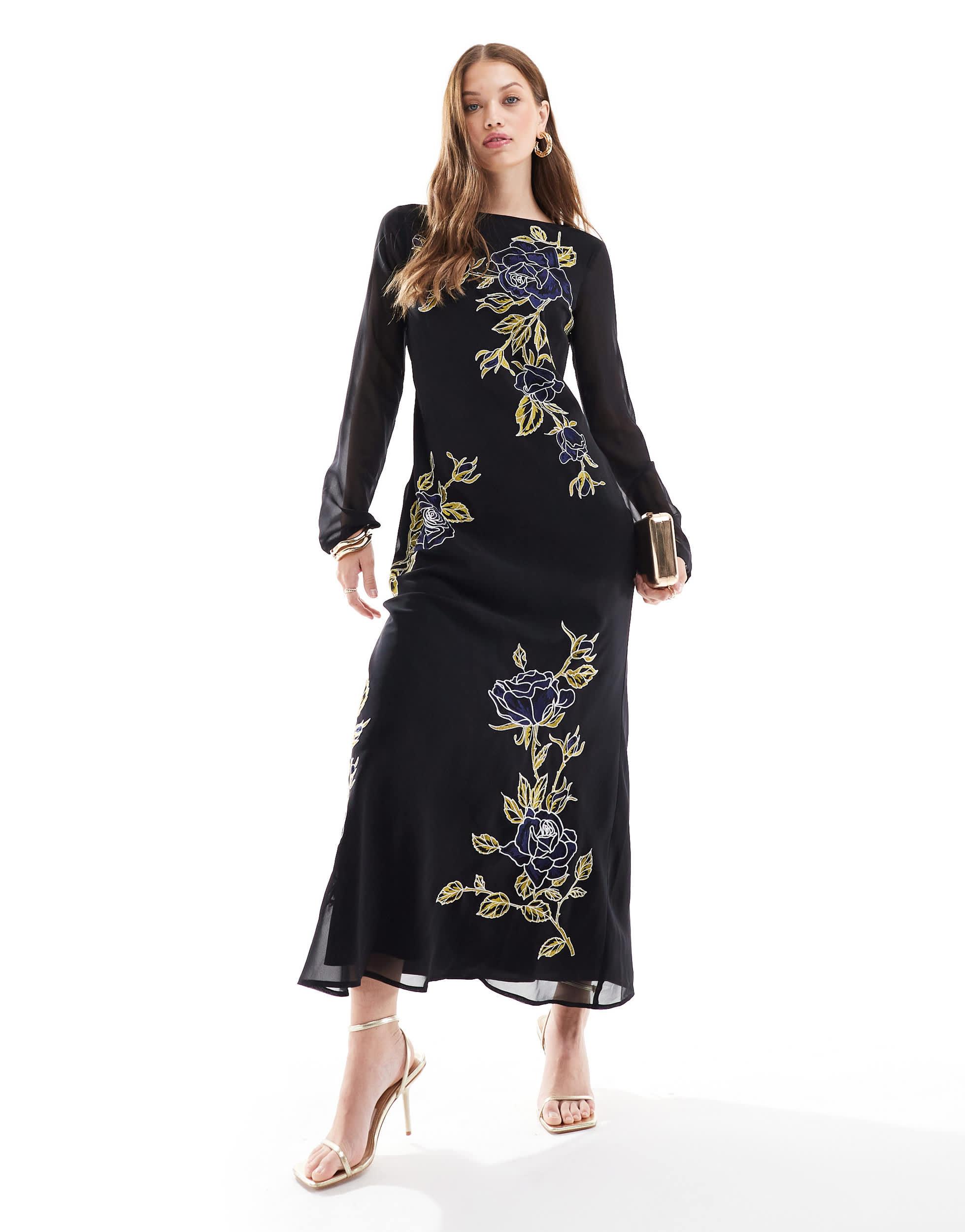 ASOS Embroidered Long Sleeve Maxi Dress in Black | Lyst