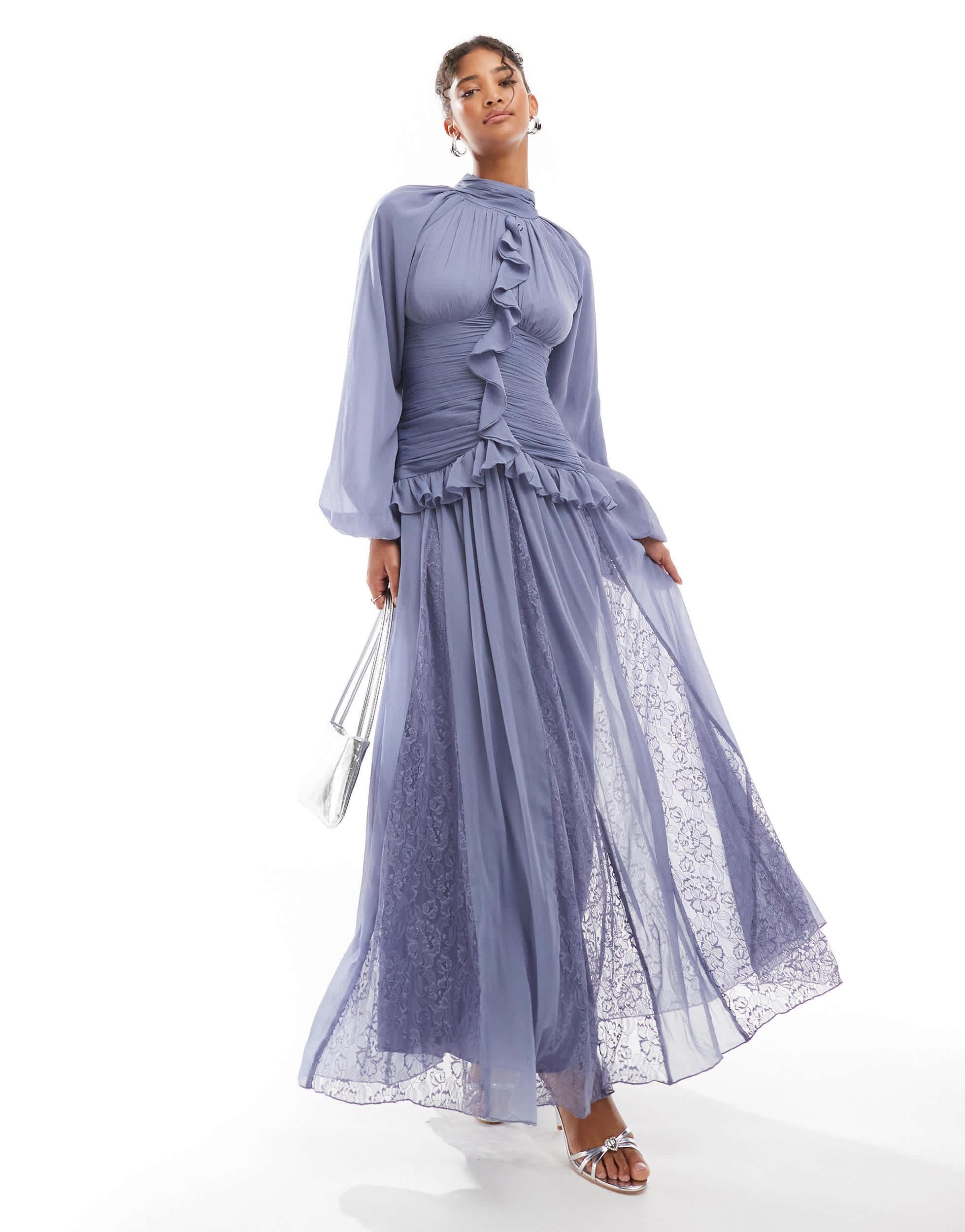 ASOS Waterfall Ruffle Gauged Bodice Maxi Dress With Lace Godets in Blue ...