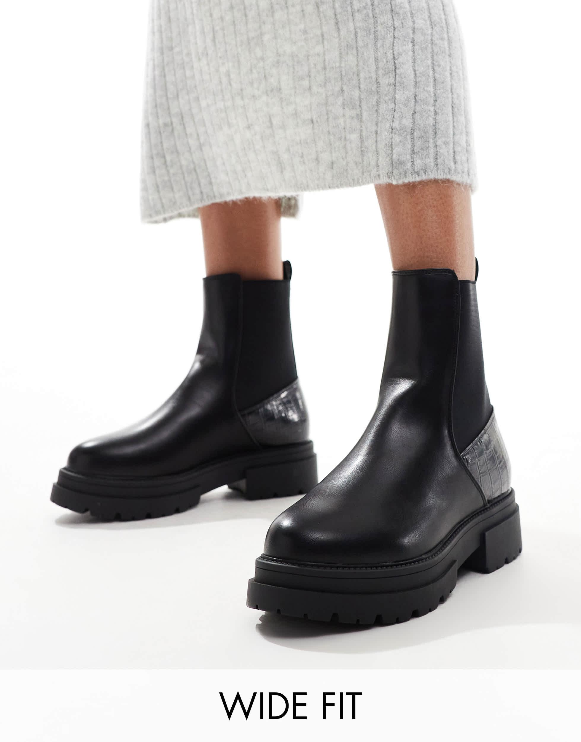 SEQWL Wide Fit Ankle Boots With Croc Detail in Black | Lyst