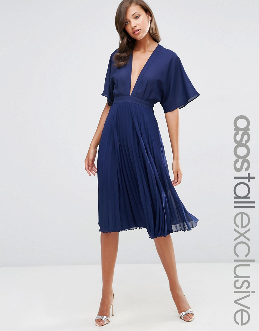 Asos Kimono Sleeve Pleated Midi Dress In Blue Lyst