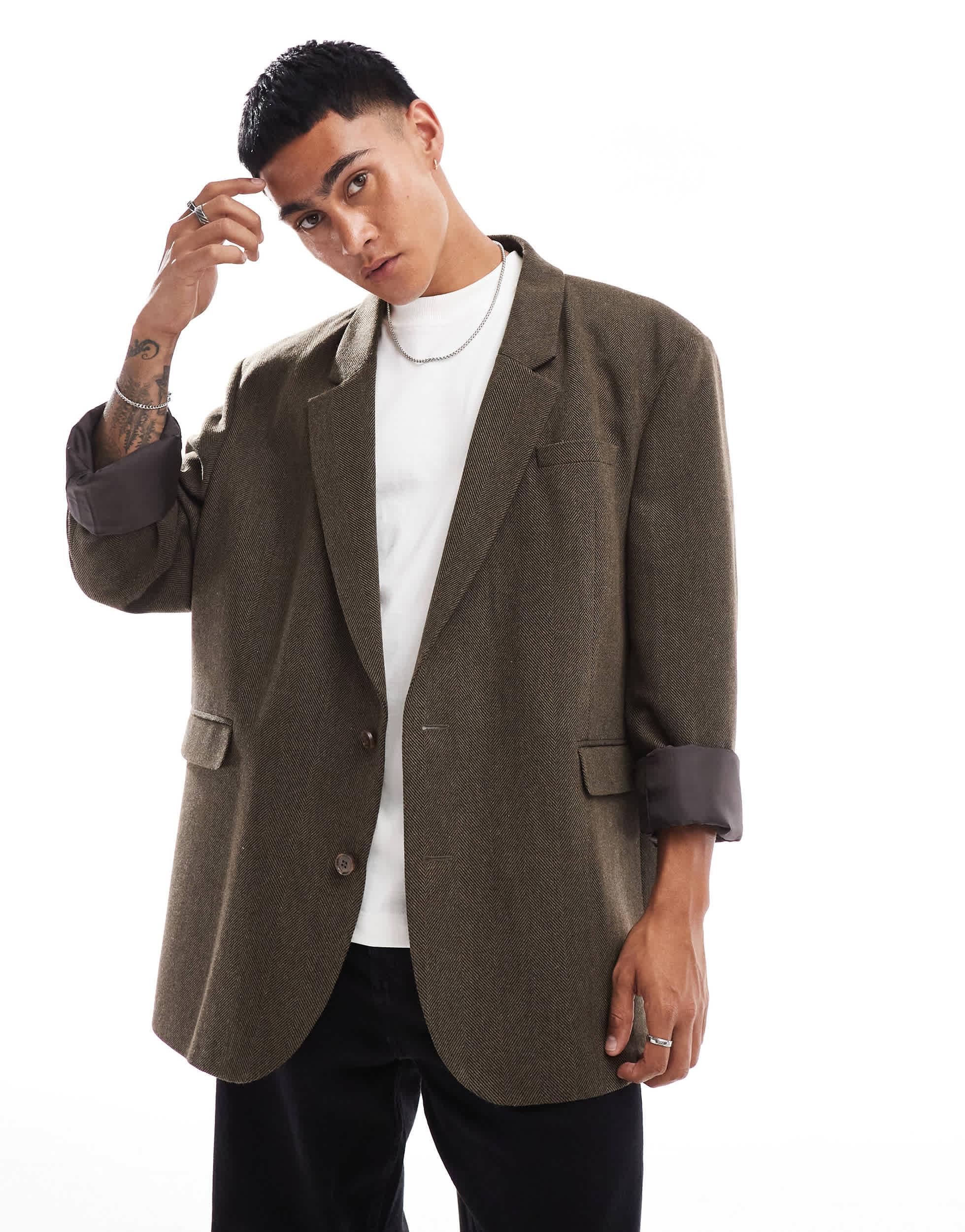 ASOS Oversize Herringbone Blazer in Brown for Men | Lyst