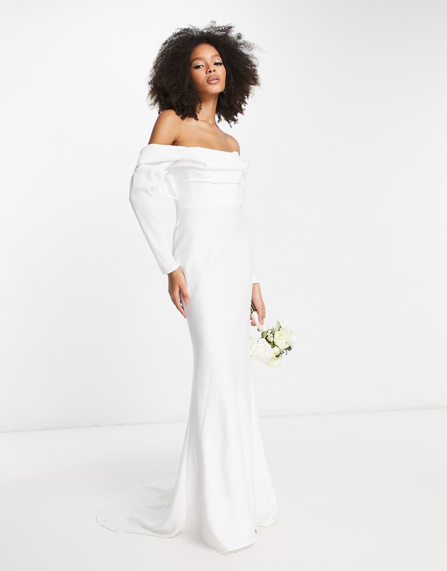 ASOS Elodie Long Sleeve Satin Drape Bardot Wedding Dress In in White ...