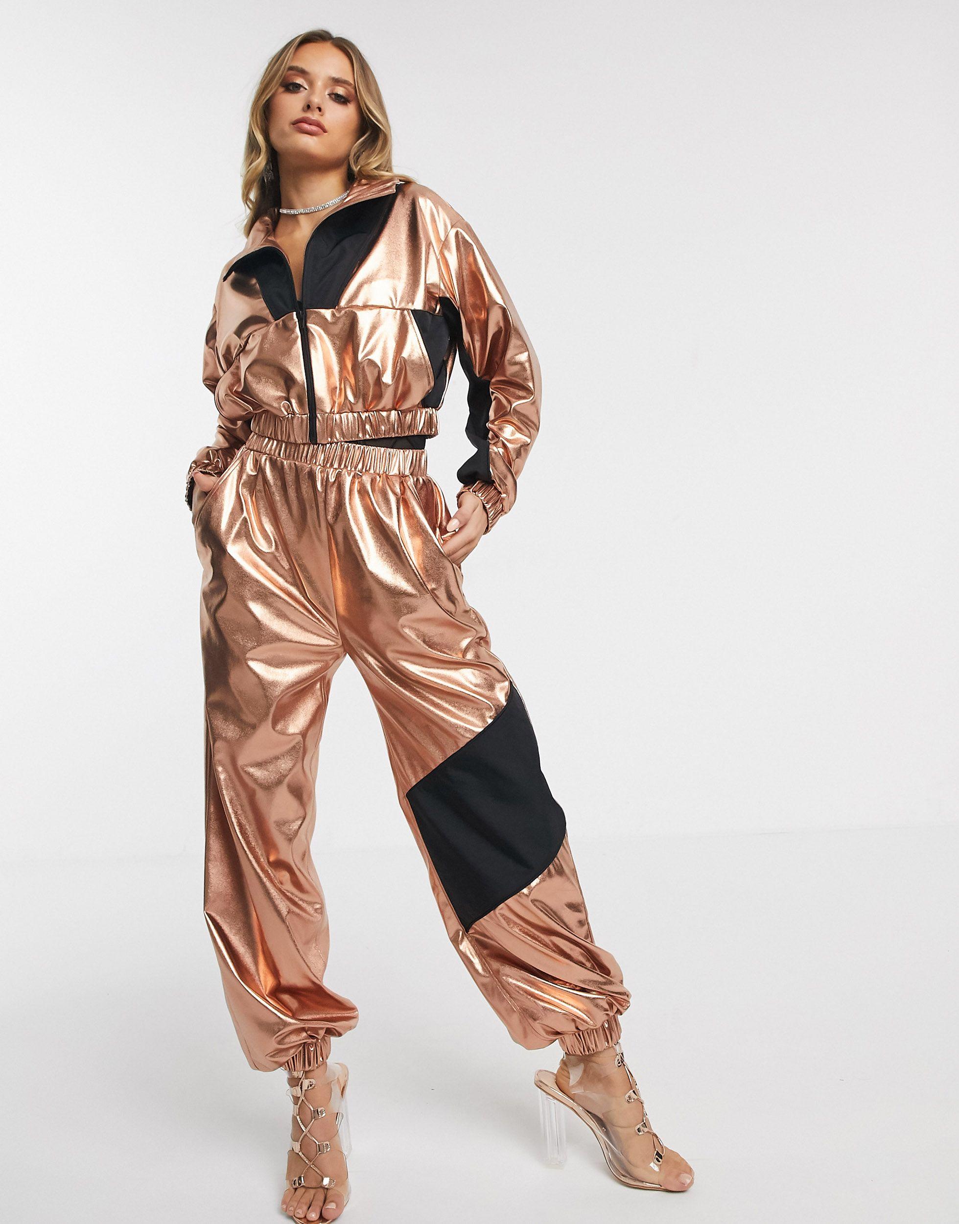 Asos Synthetic Metallic Tracksuit Jacket Co Ord Gold Lyst