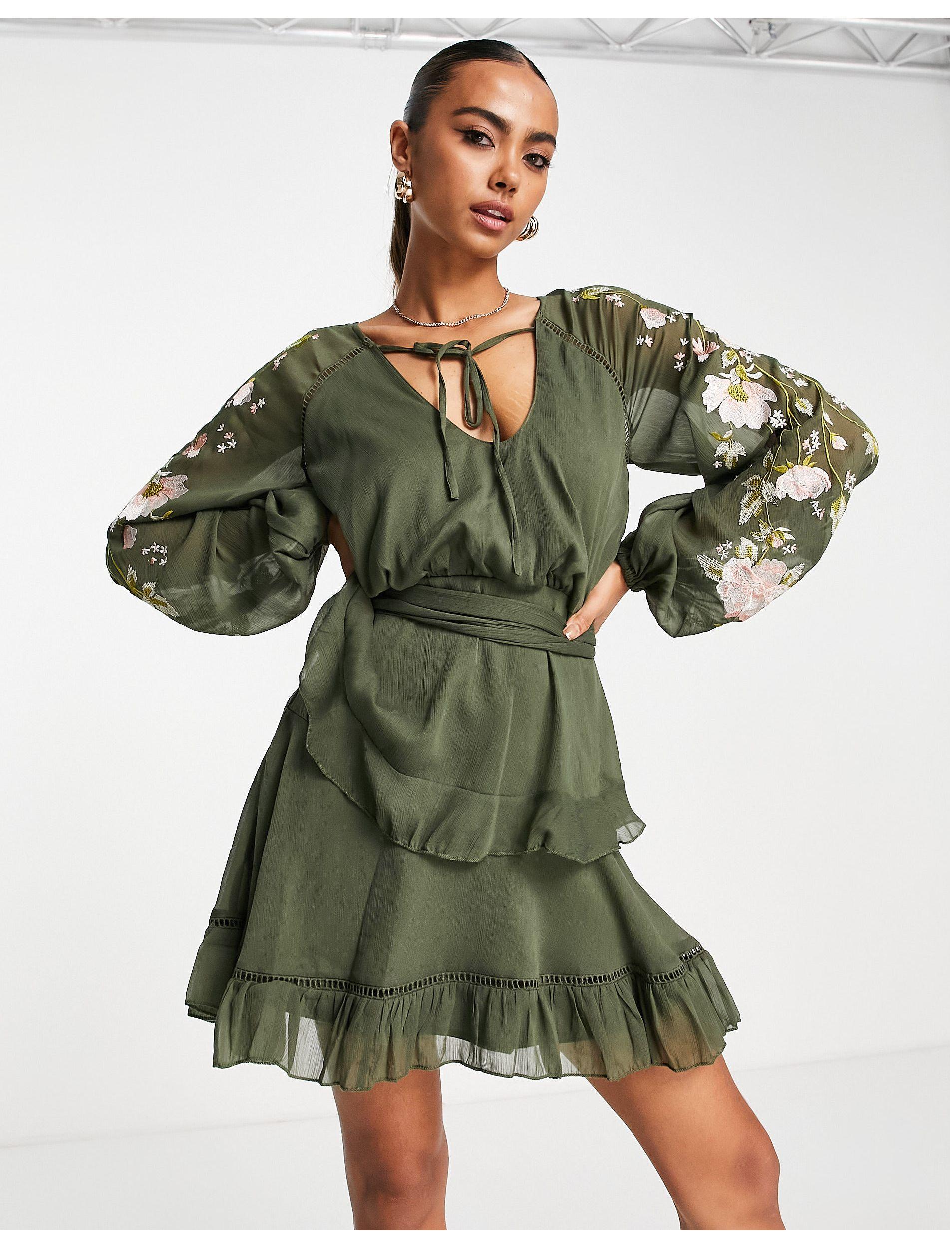 Asos Blouson Sleeve Tiered Mini Dress With Cross Stitch Embroidery