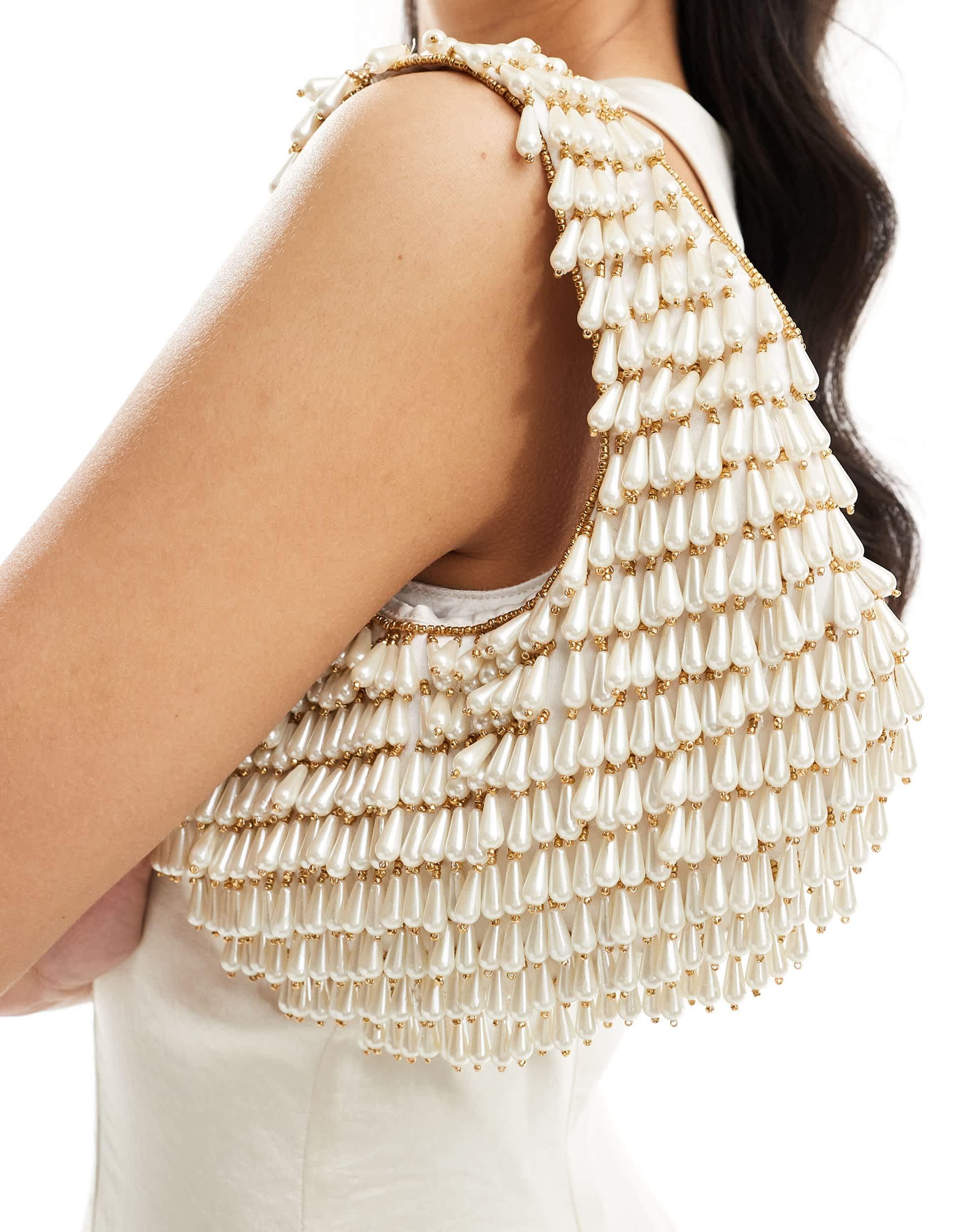True Decadence Pearl Drop Embellished Shoulder Bag in Natural | Lyst