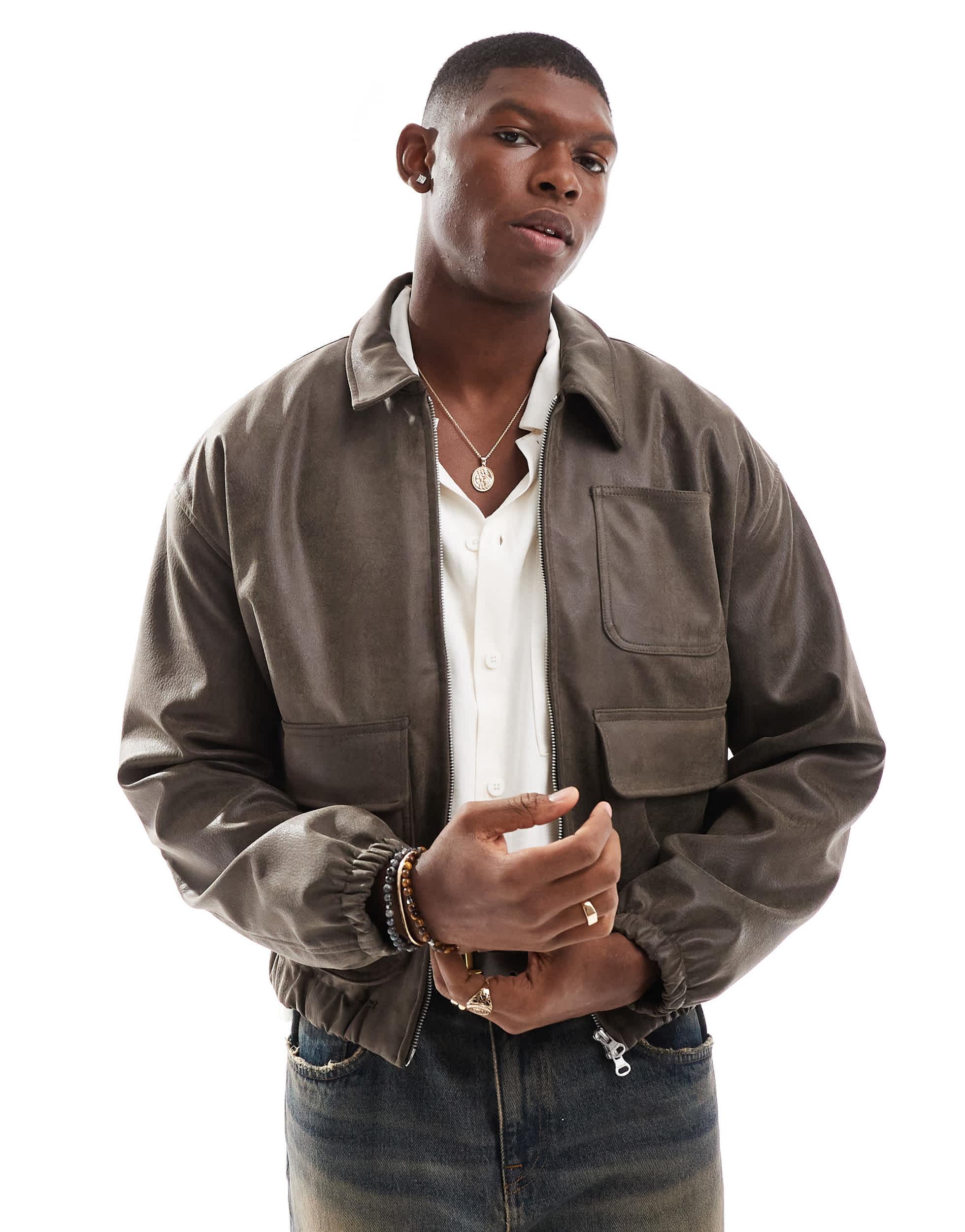 Pull&Bear Boxy Fit Faux Leather Jacket in Grey for Men | Lyst UK