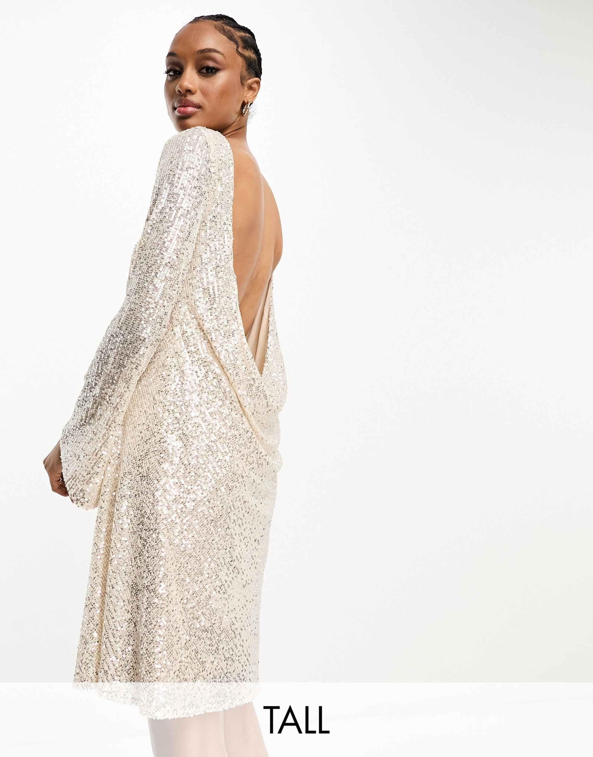 Jaded Rose Tall Long Sleeve Sequin Cowl Back Mini Dress in Natural | Lyst