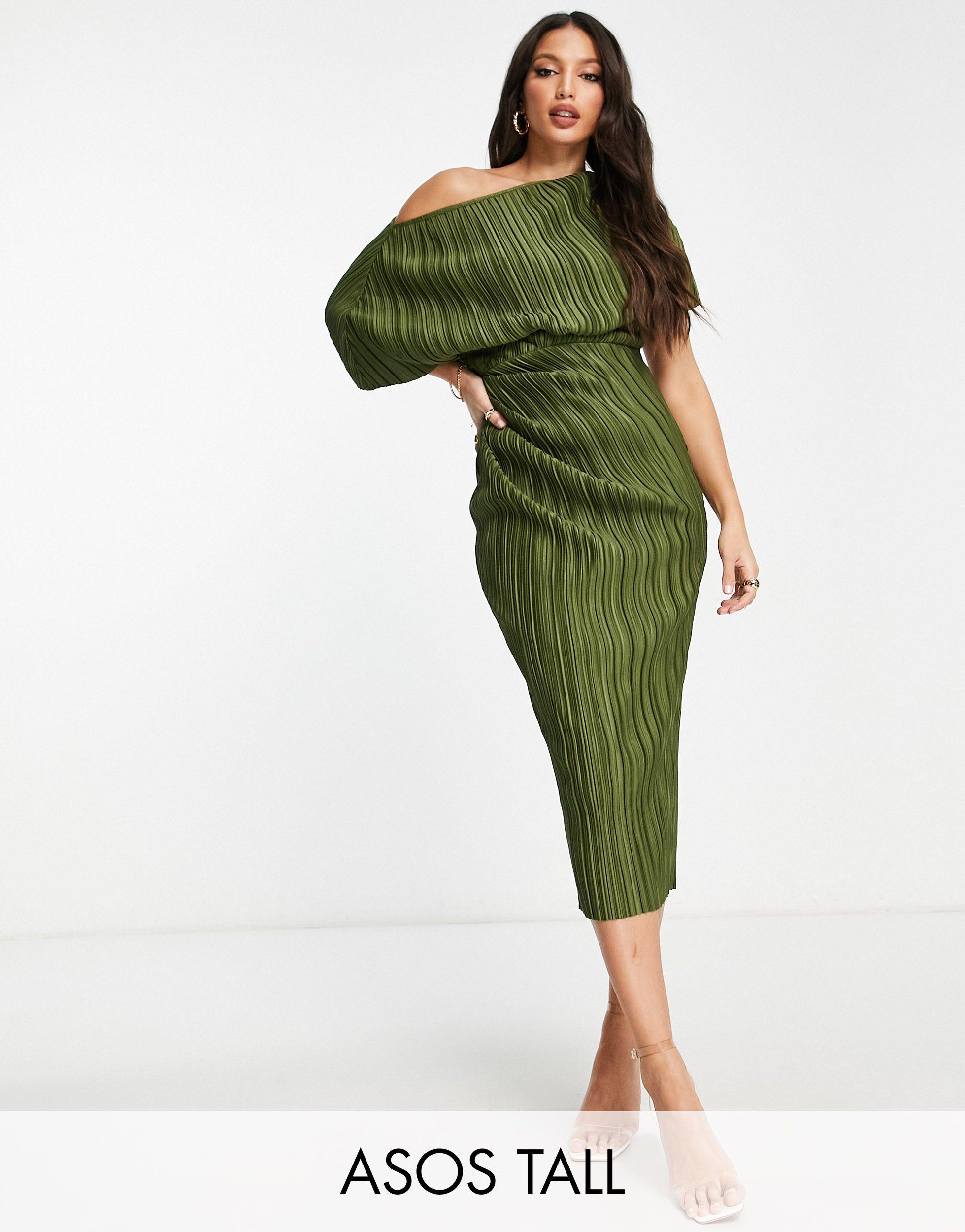 Asos Asos Design Tall Fallen Shoulder Plisse Midi Dress In Green Lyst