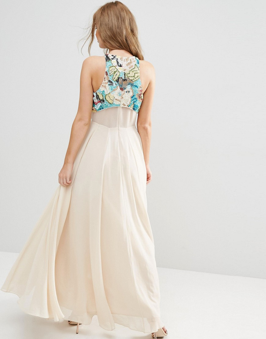 Asos Chiffon Multicoloured Embellished Crop Top Maxi Dress Lyst