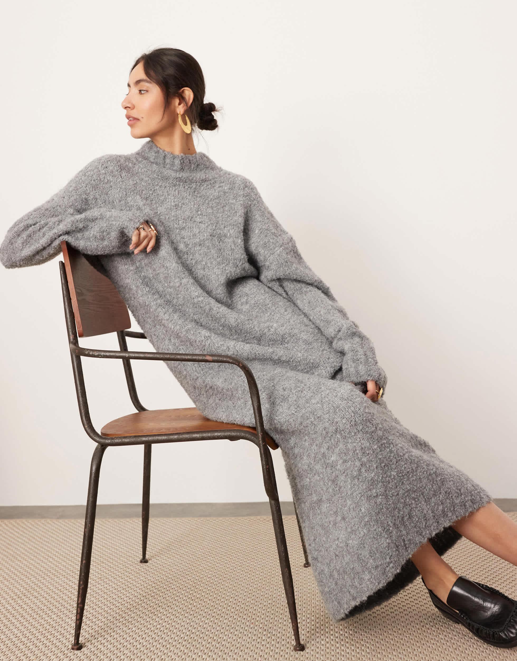 ASOS Boucle Chunky Knit High Neck Maxi Dress in Gray | Lyst