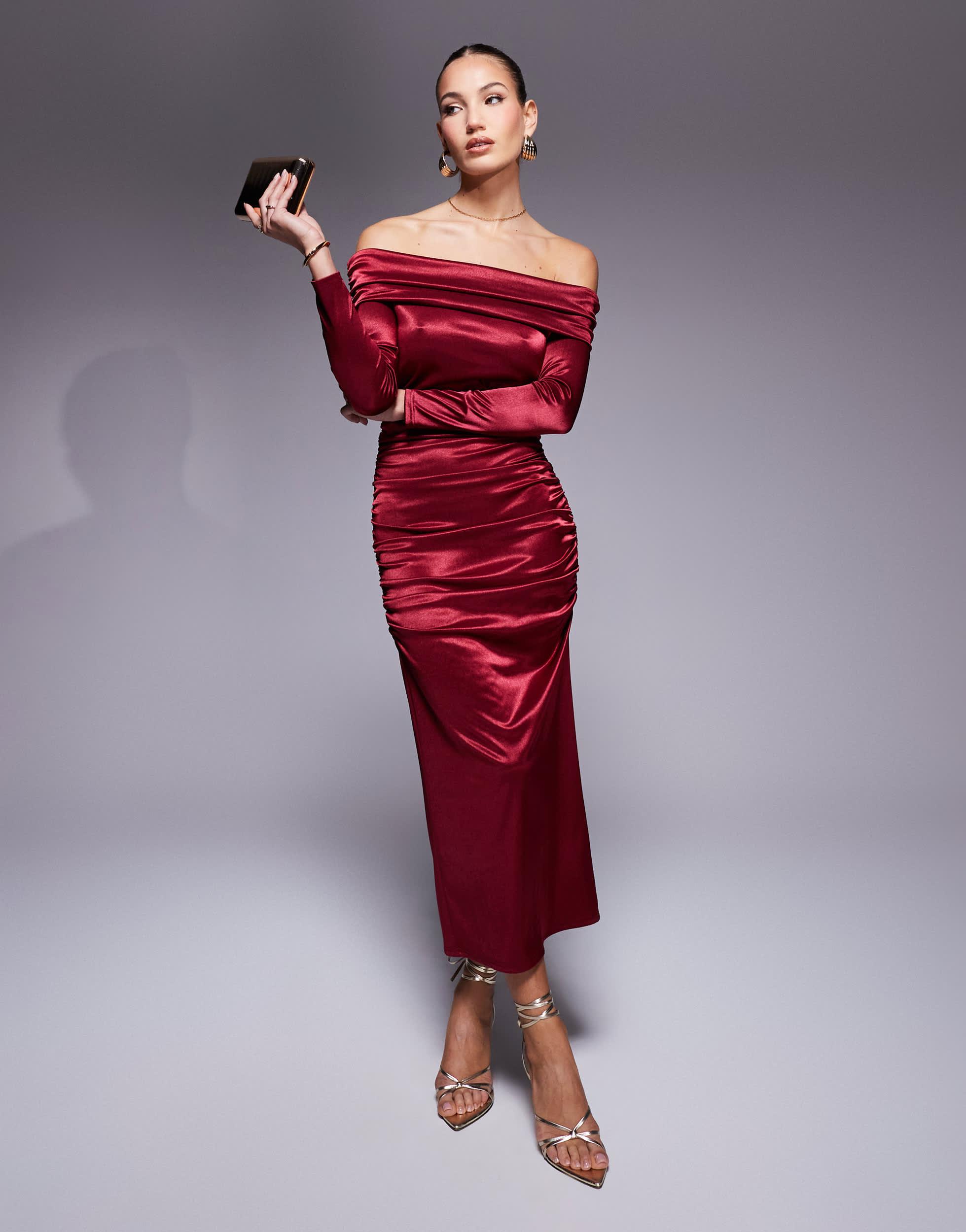 True Violet True Bardot Long Sleeve Ruched Satin Midi Dress in Red | Lyst