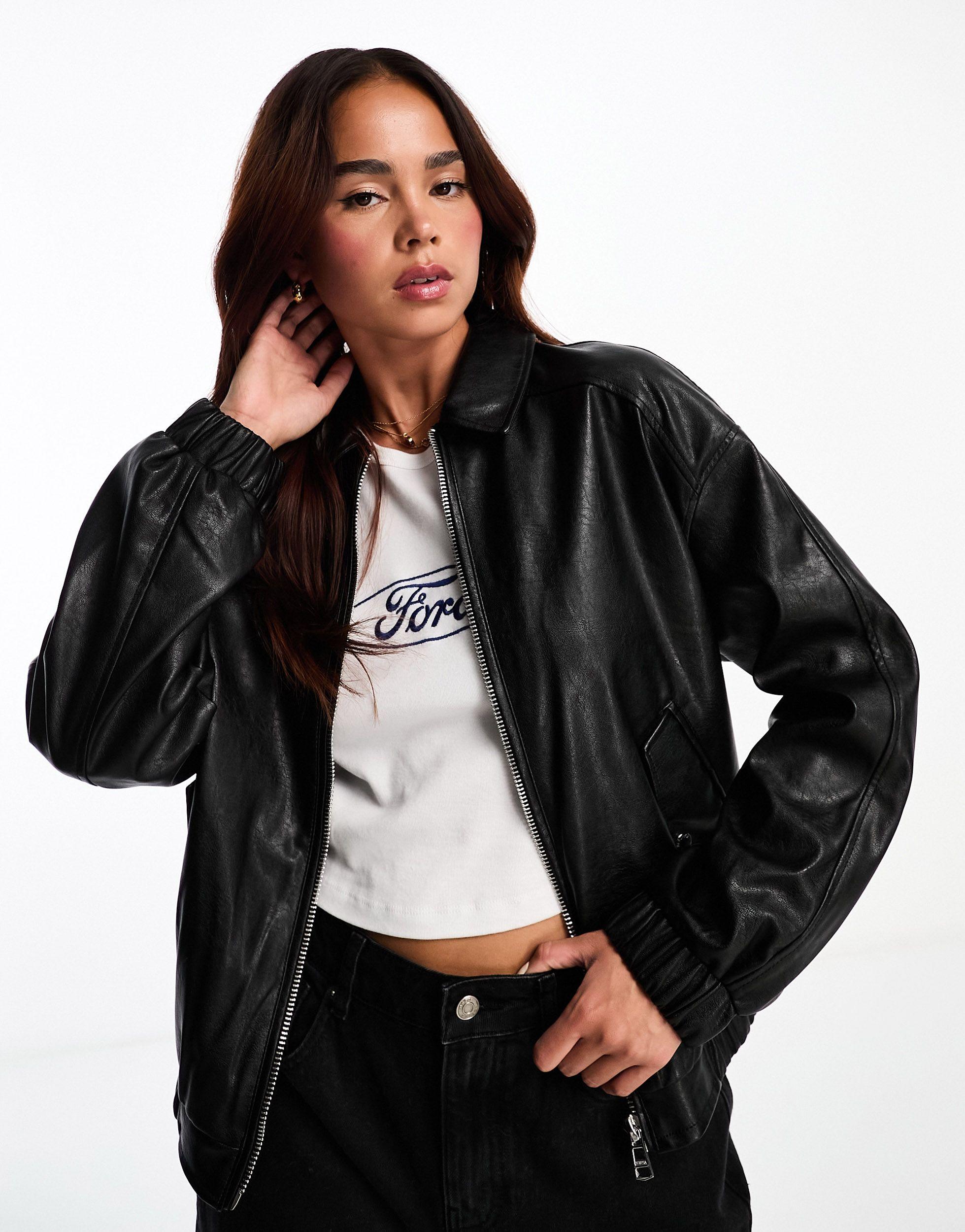 Bershka Faux Leather Dad Jacket in Black | Lyst UK
