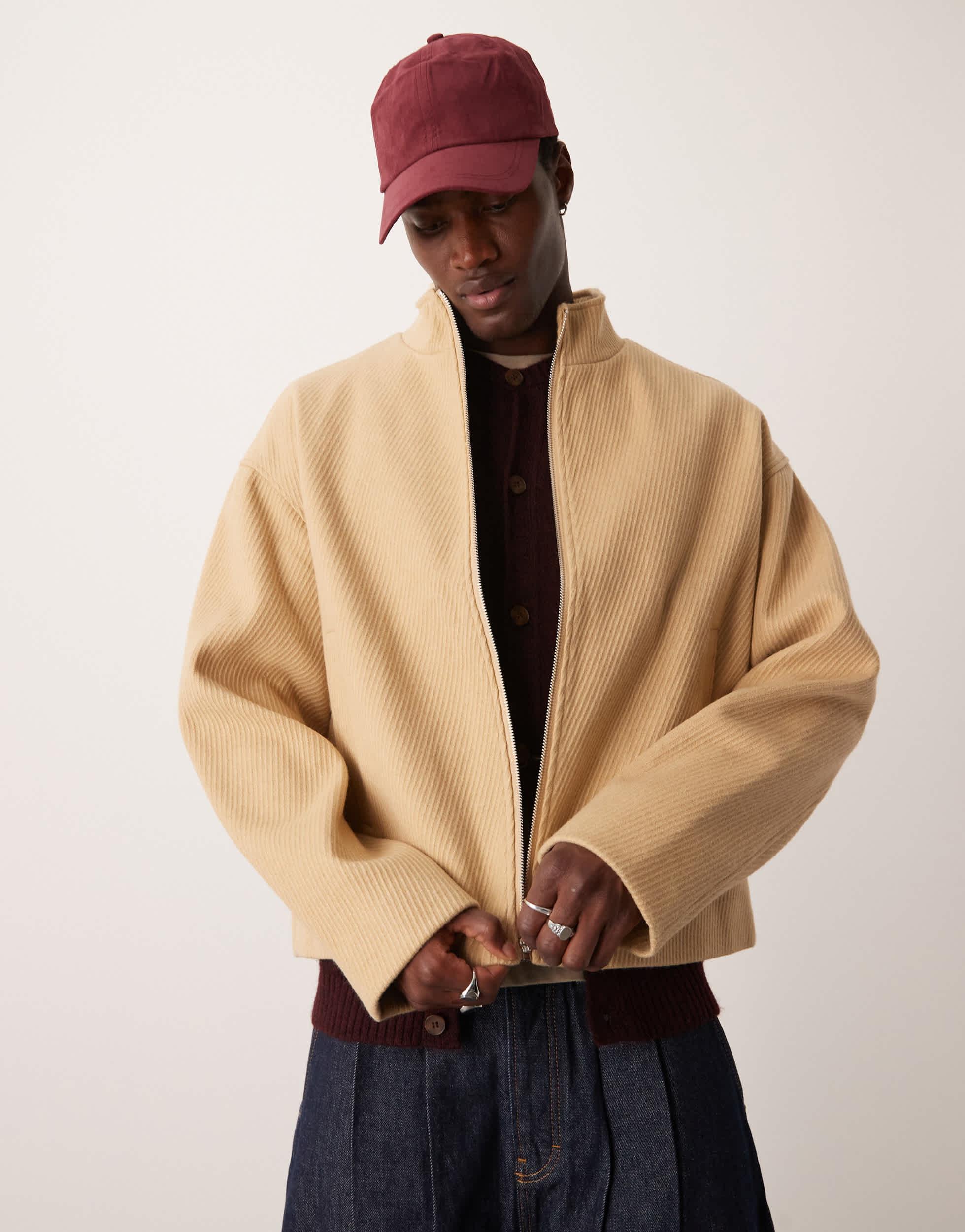 ASOS Oversized Wool Look Jacket With Funnel Neck in Natural for Men | Lyst