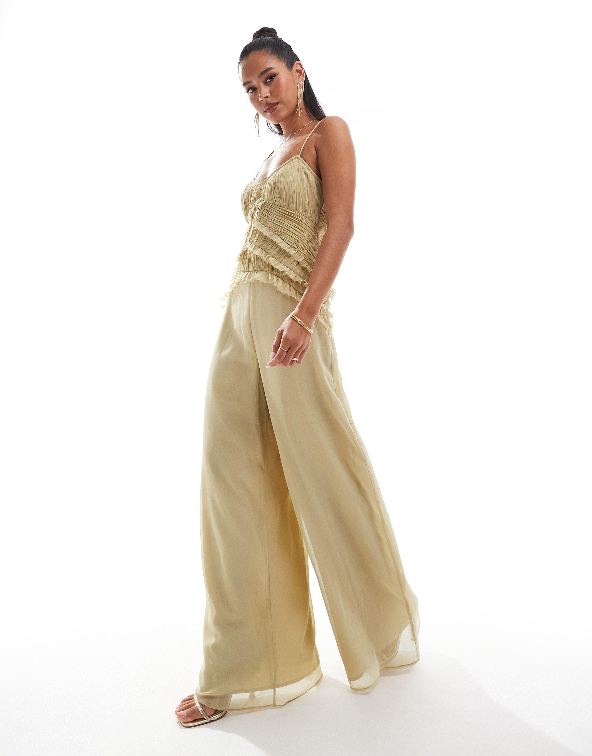 ASOS Corset Detail Raw Edge Wide Leg Jumpsuit in Natural | Lyst