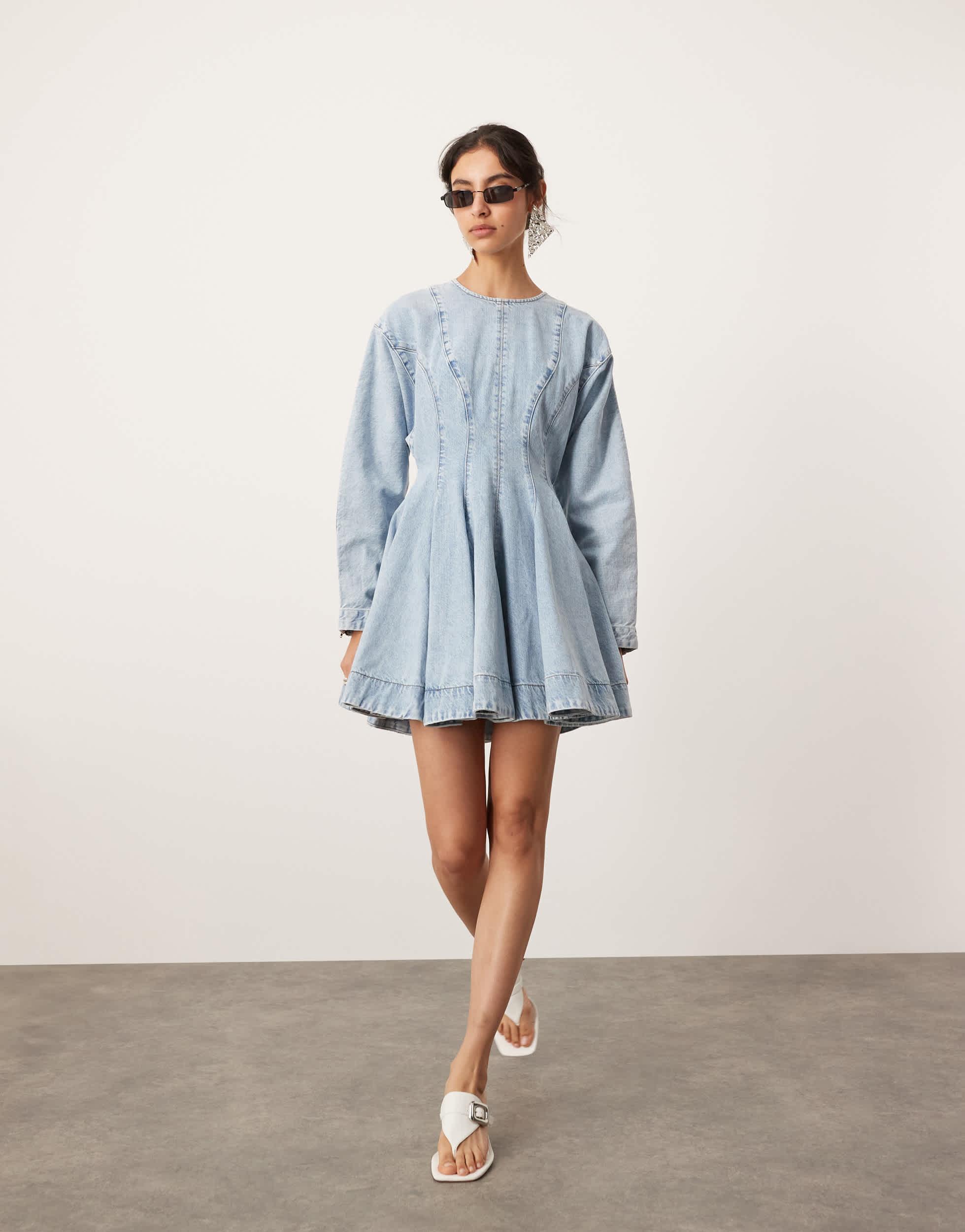 ASOS Denim Long Sleeve Mini Dress With Seam Details in Blue | Lyst