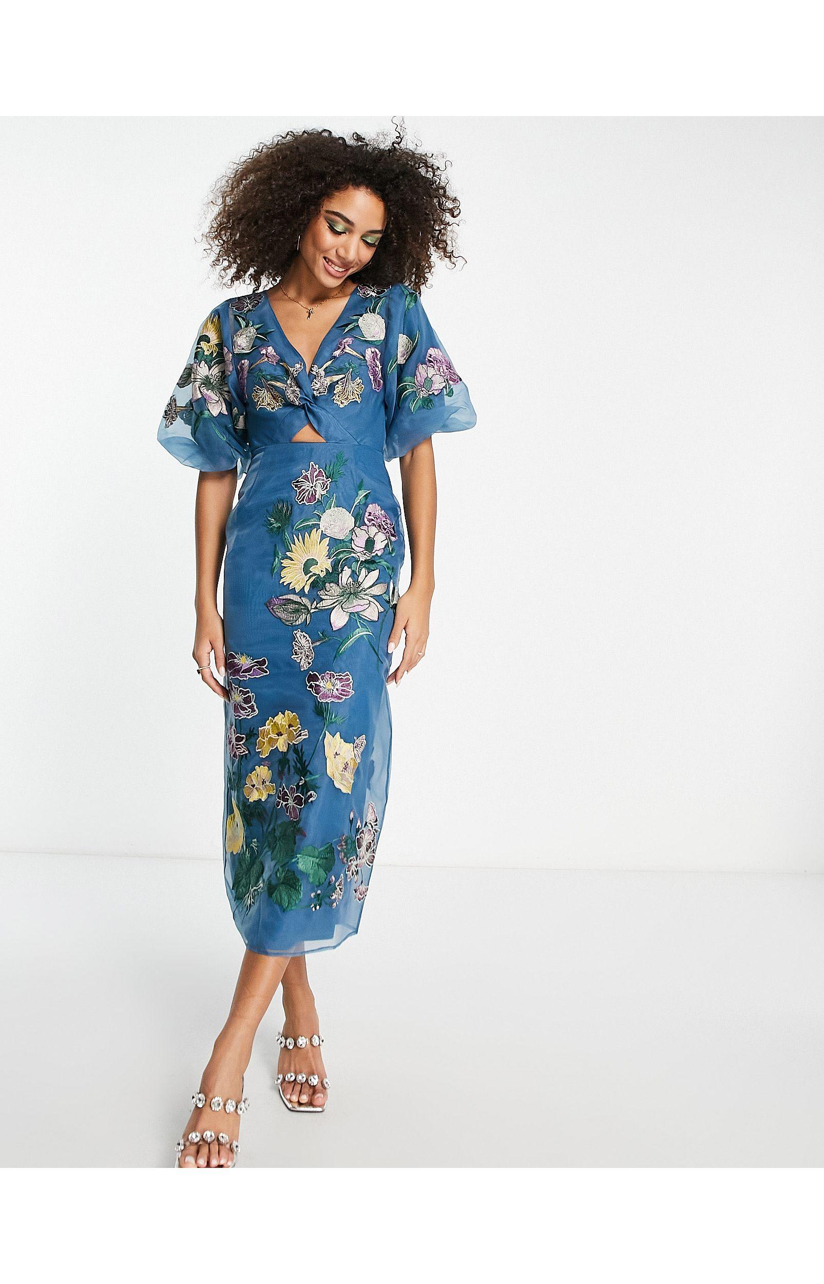 Asos Floral Embroidered Organza Midi Dress In Blue Lyst