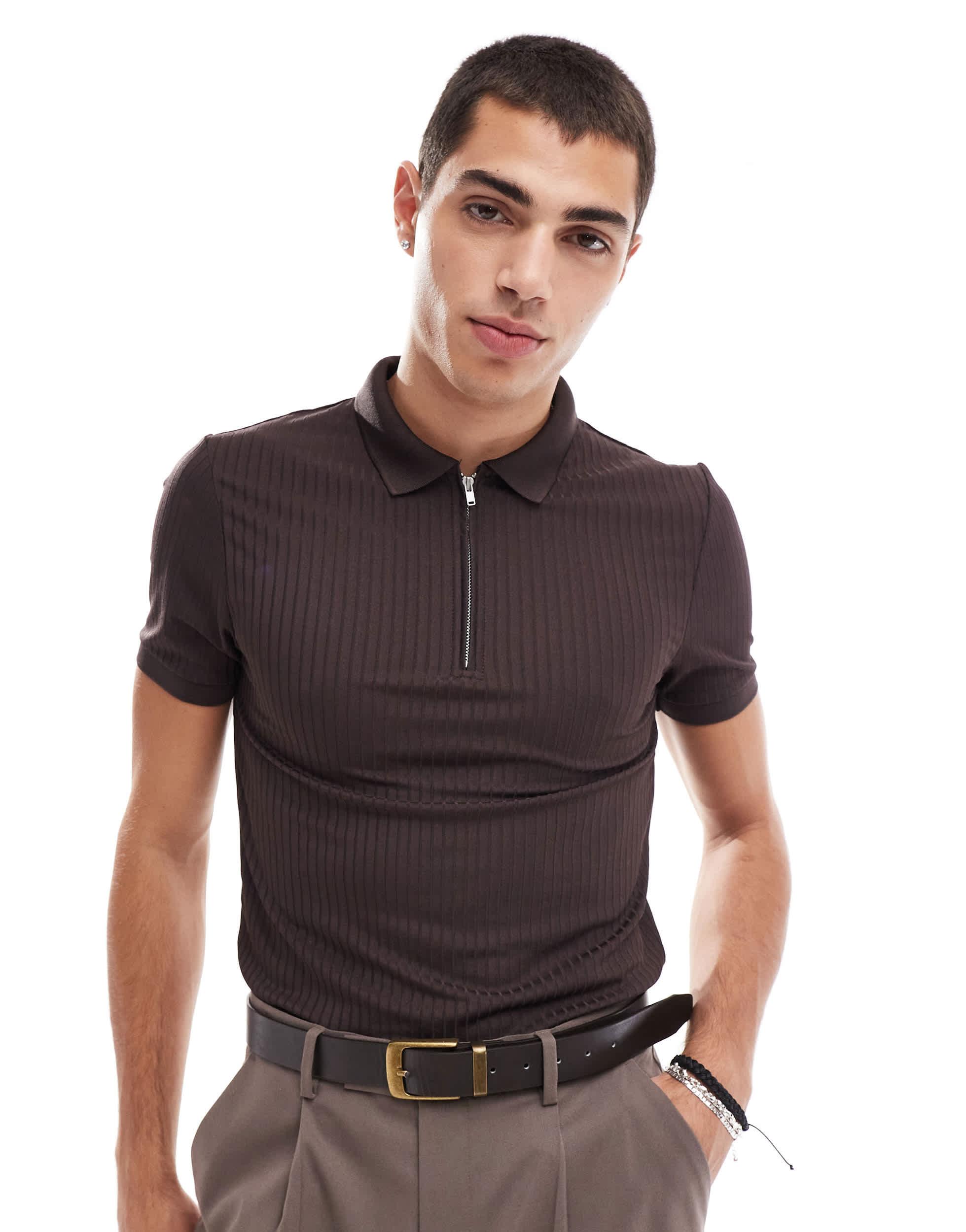 ASOS Muscle Fit Rib Polo With Zip in Gray for Men | Lyst