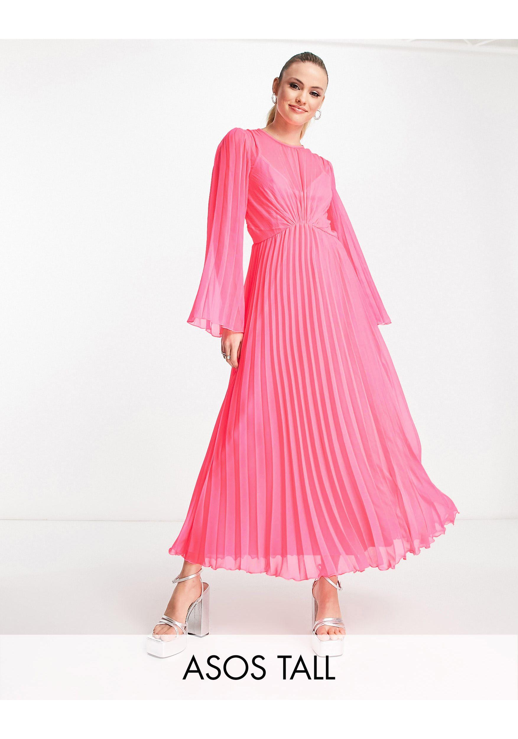 Asos Asos Design Tall Tie Back Fluted Sleeve Pleated Midi Dress In Pink