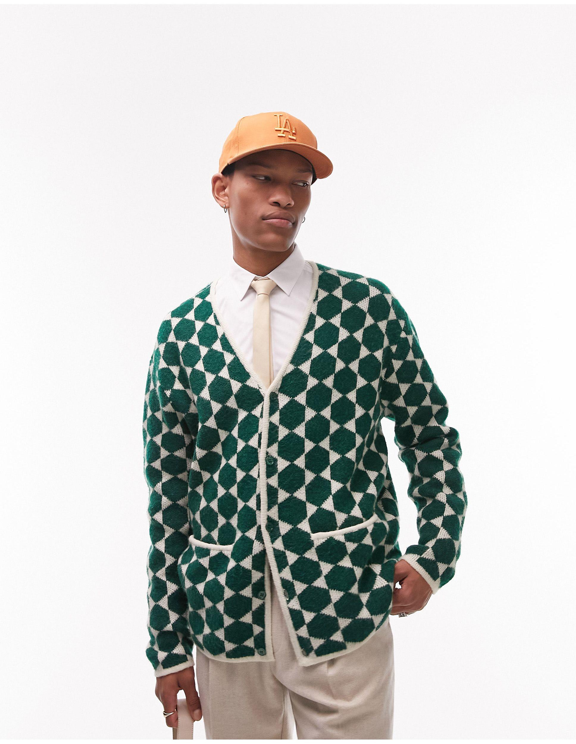 TOPMAN Knitted Cardigan With All Over Geo in Green for Men | Lyst Australia