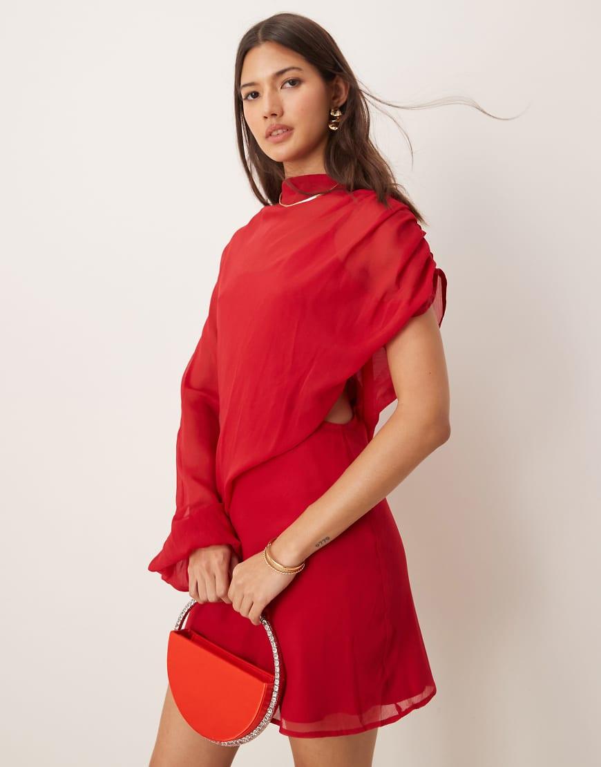 ASOS High Neck Draped Asymmetric Mini Dress With Cut Out in Red | Lyst UK