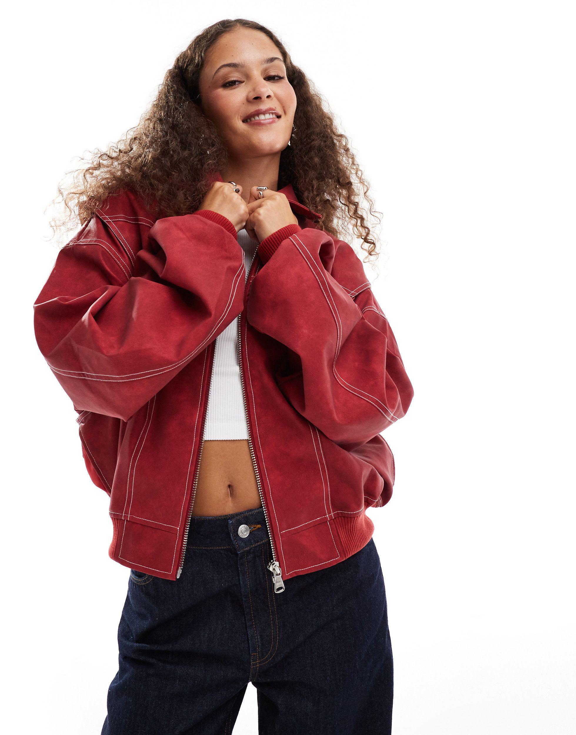 Lioness Leather Look Contrast Stitch Bomber Jacket in Red | Lyst