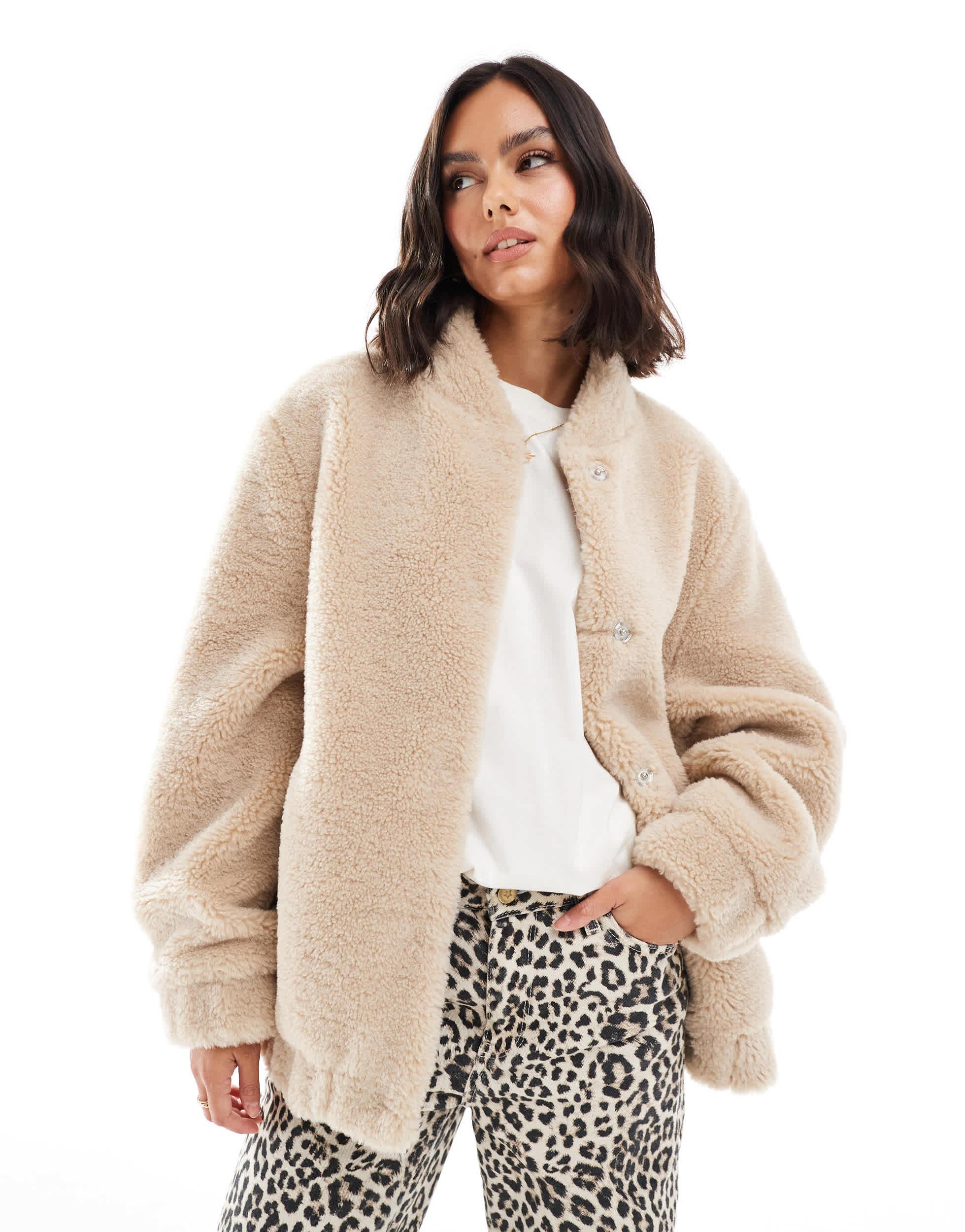 Miss Selfridge Oversized Borg Bomber Jacket in Natural | Lyst