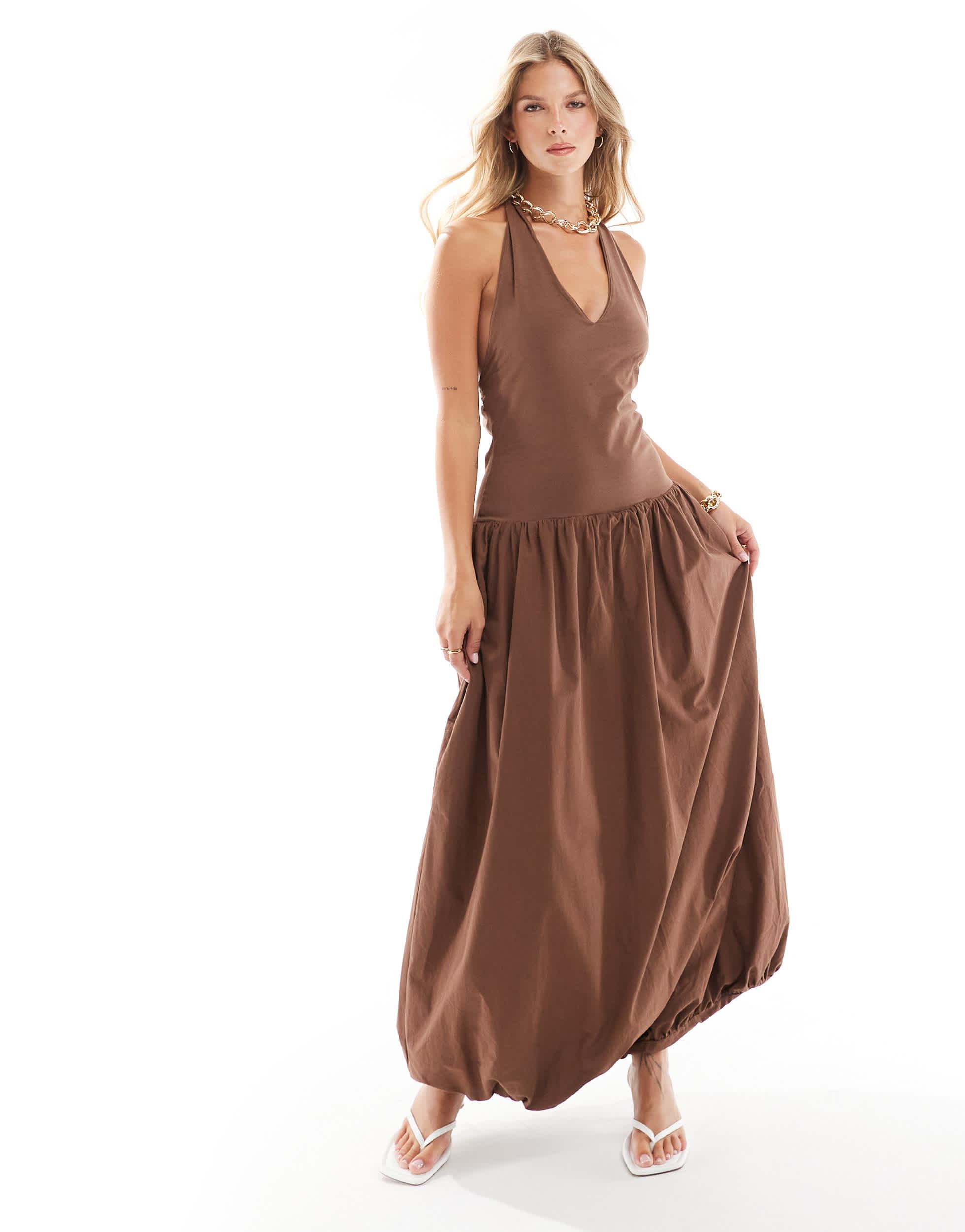 ASOS Poplin Mix Halter Puffball Maxi Dress in Brown | Lyst