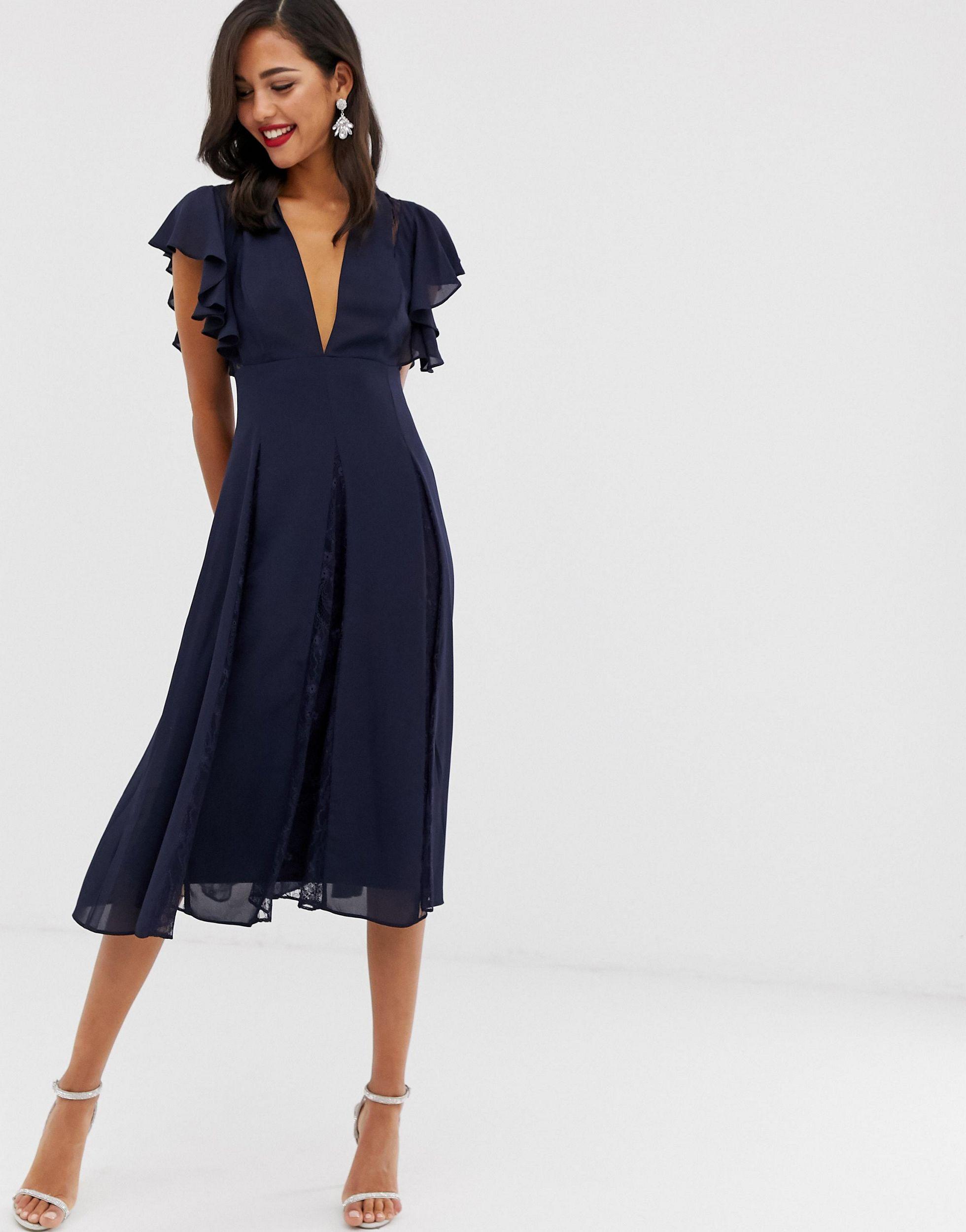 Asos Midi Dress With Lace Godet Panels In Blue Lyst