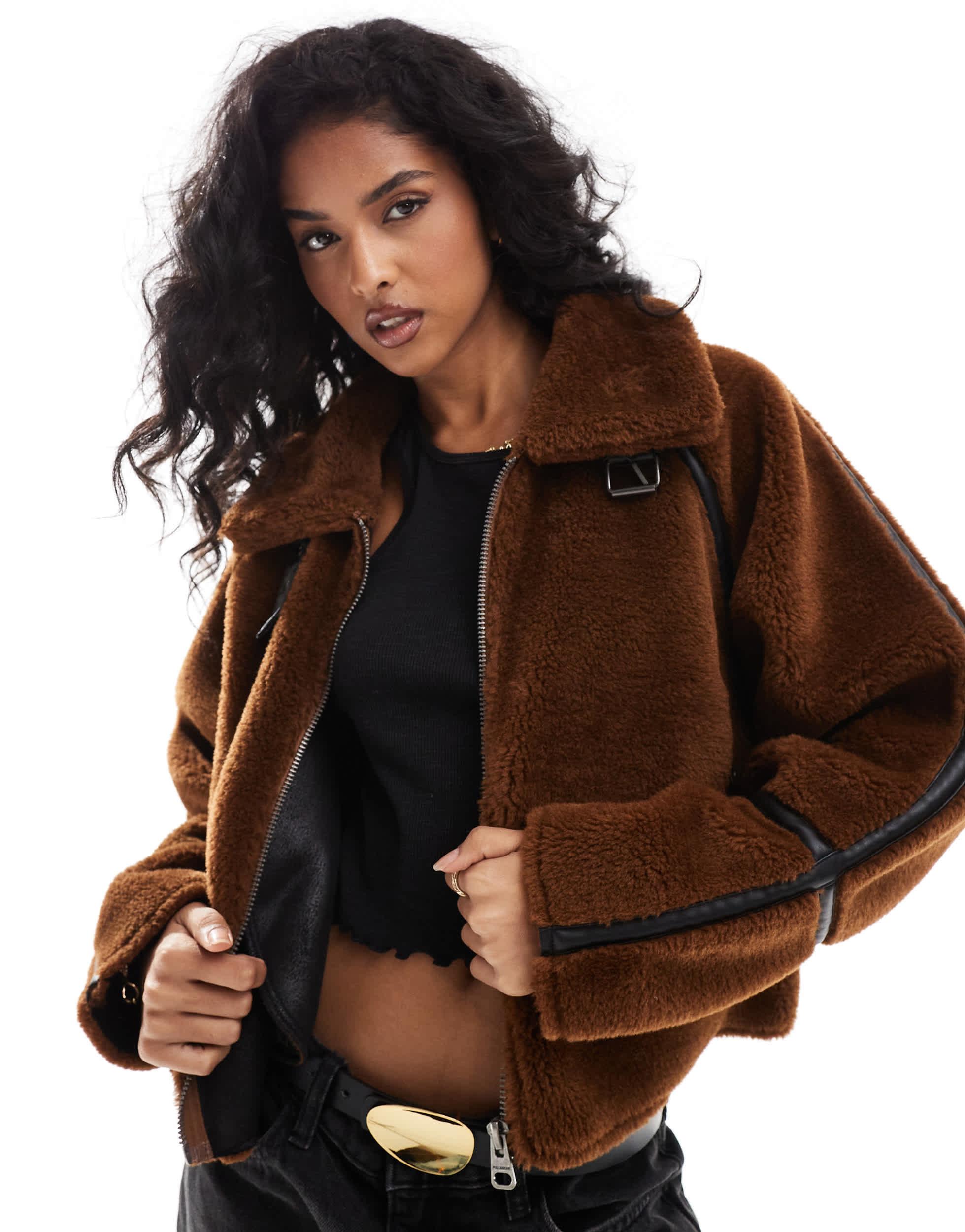 Pull&Bear Shearling Jacket With Faux Leather Seam Detail in Brown | Lyst