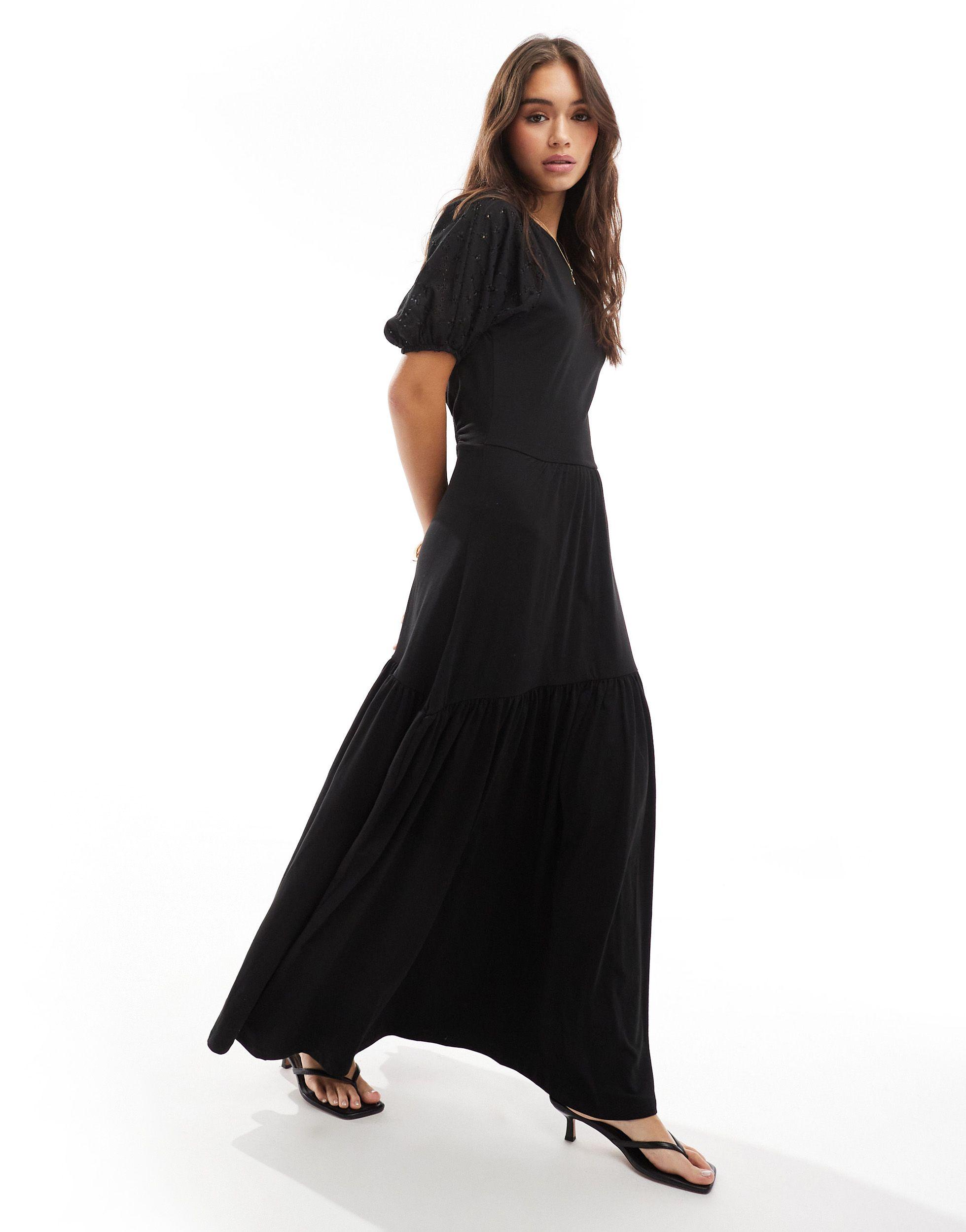 Asos Broderie Puff Sleeve Tiered Maxi Dress In Black Lyst