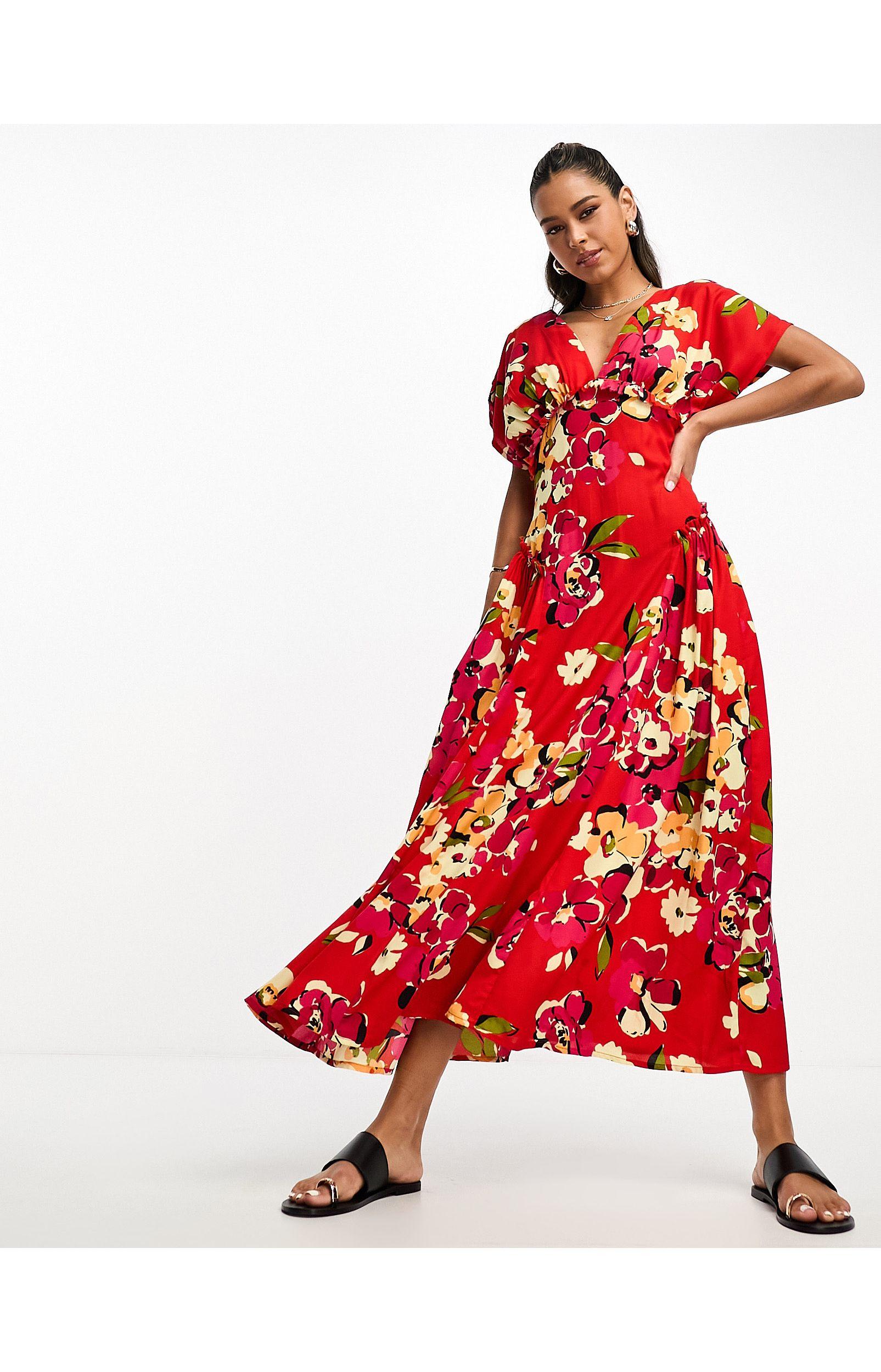 Asos Plunge Neck Batwing Midi Dress With Side Godets In Red Lyst