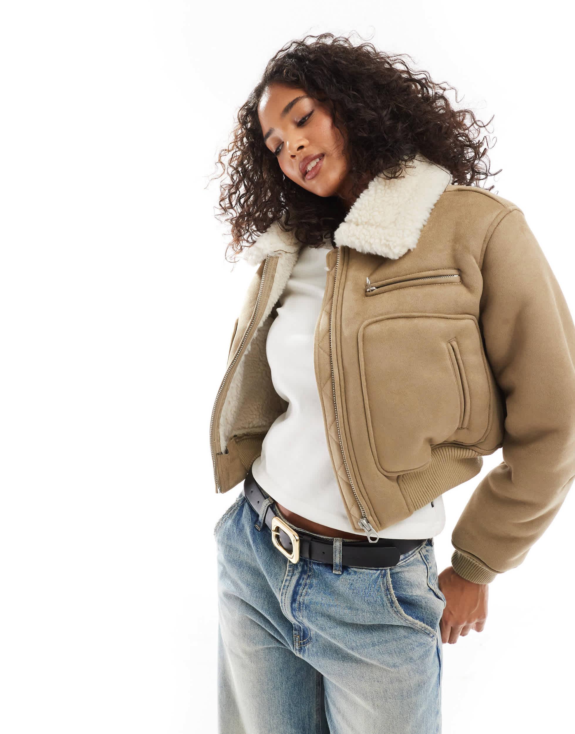 Pull&Bear Faux Suede Shearling Collar Bomber Jacket in Natural | Lyst