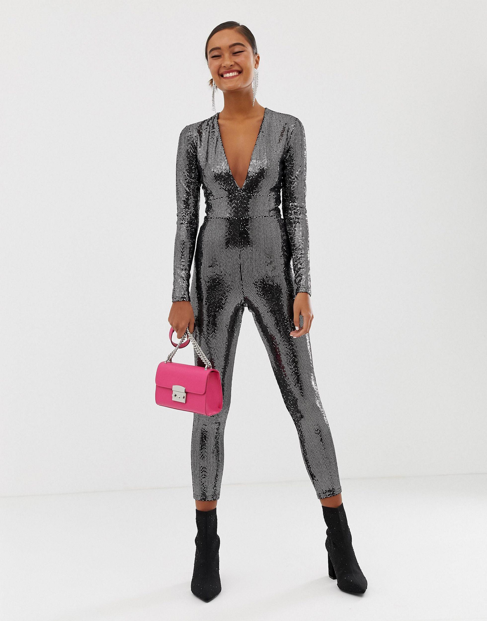 Miss Selfridge Sequin Catsuit In Metallic Lyst