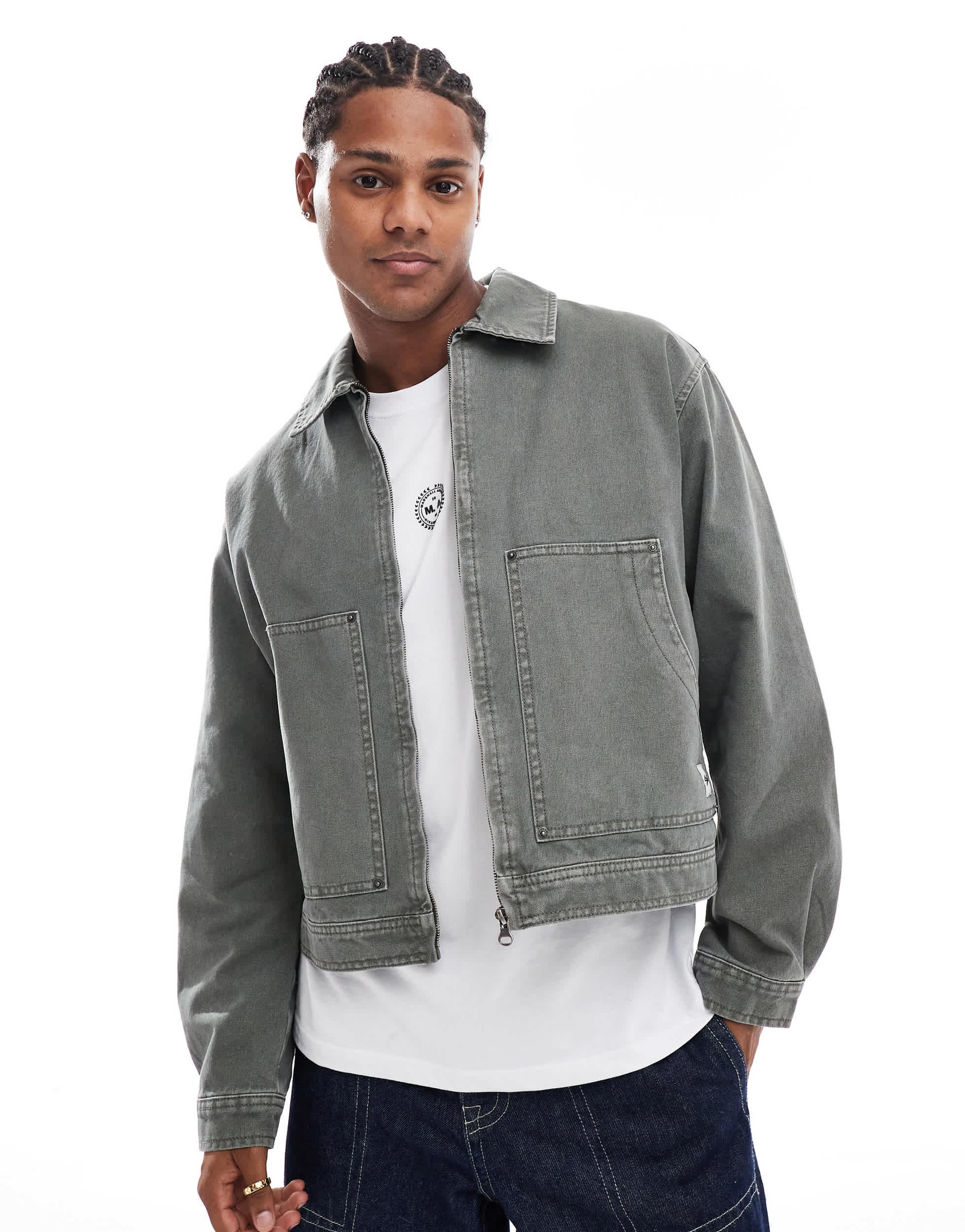 Pull&Bear Washed Denim Worker Jacket in Gray for Men | Lyst