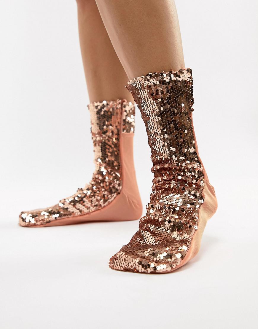 ASOS Rose Gold Sequin Sock in Metallic | Lyst