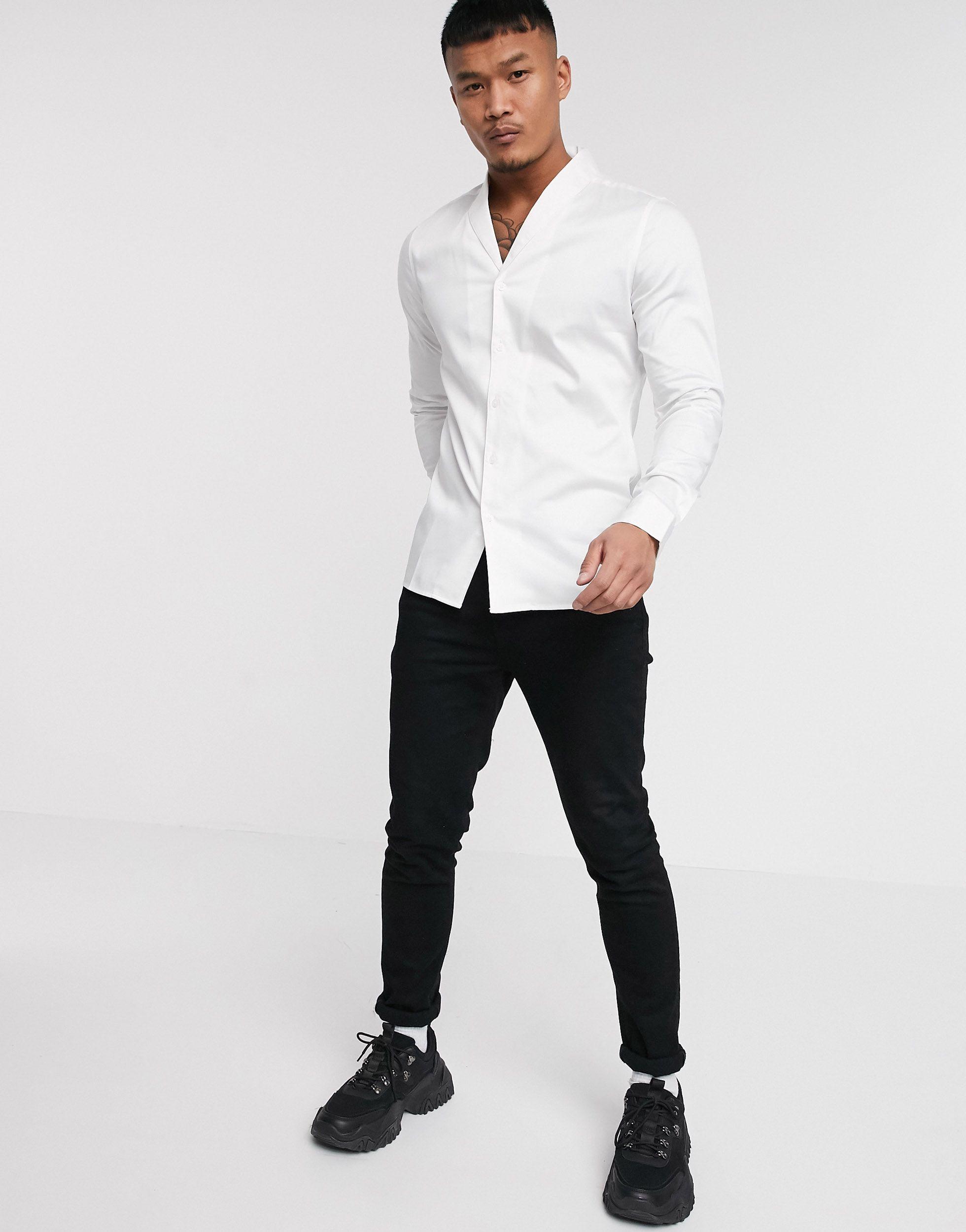 ASOS Cotton Premium Slim Fit Sateen Shirt With Shawl Collar in White ...