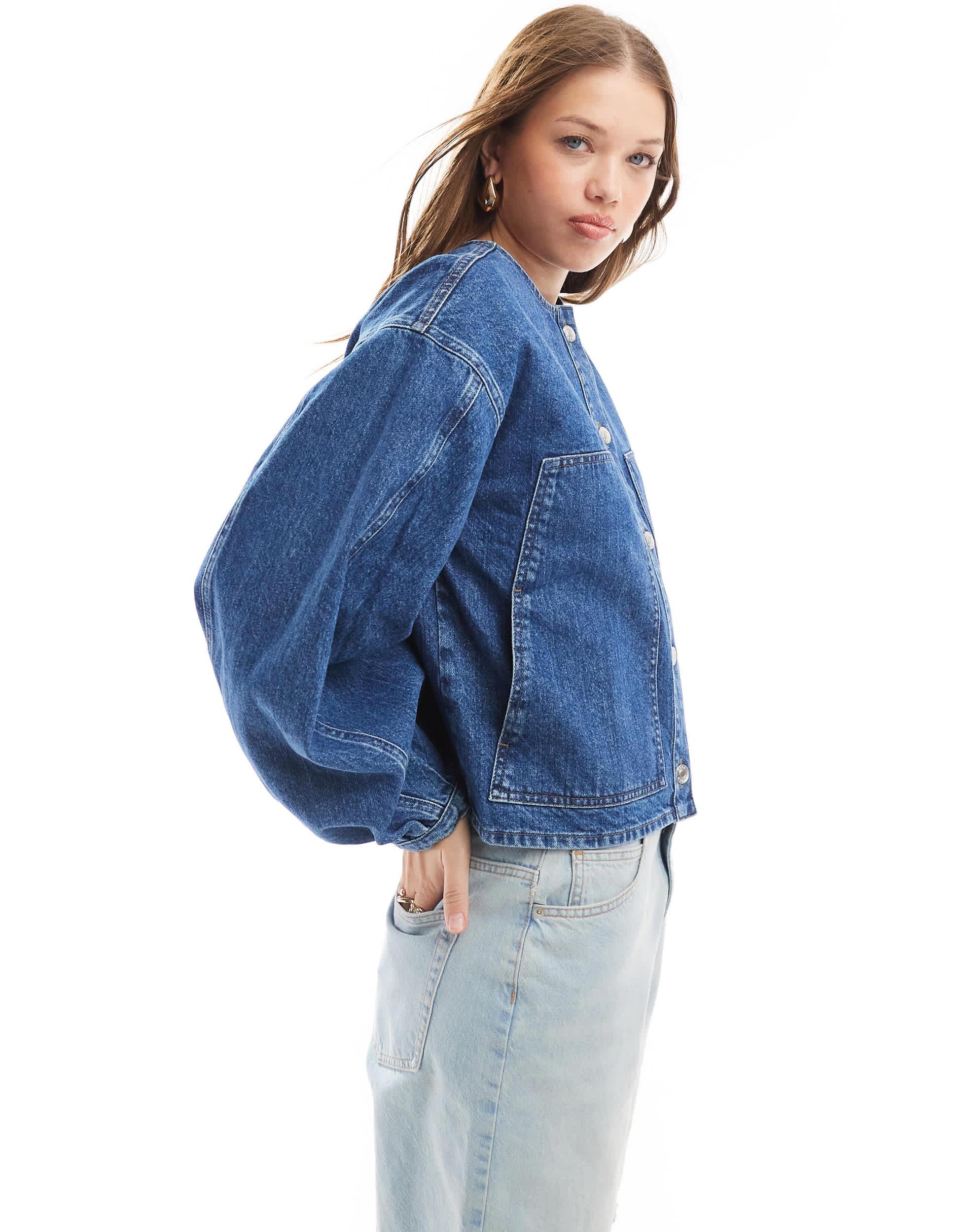 ASOS Collarless Denim Jacket With Balloon Sleeve in Blue | Lyst UK