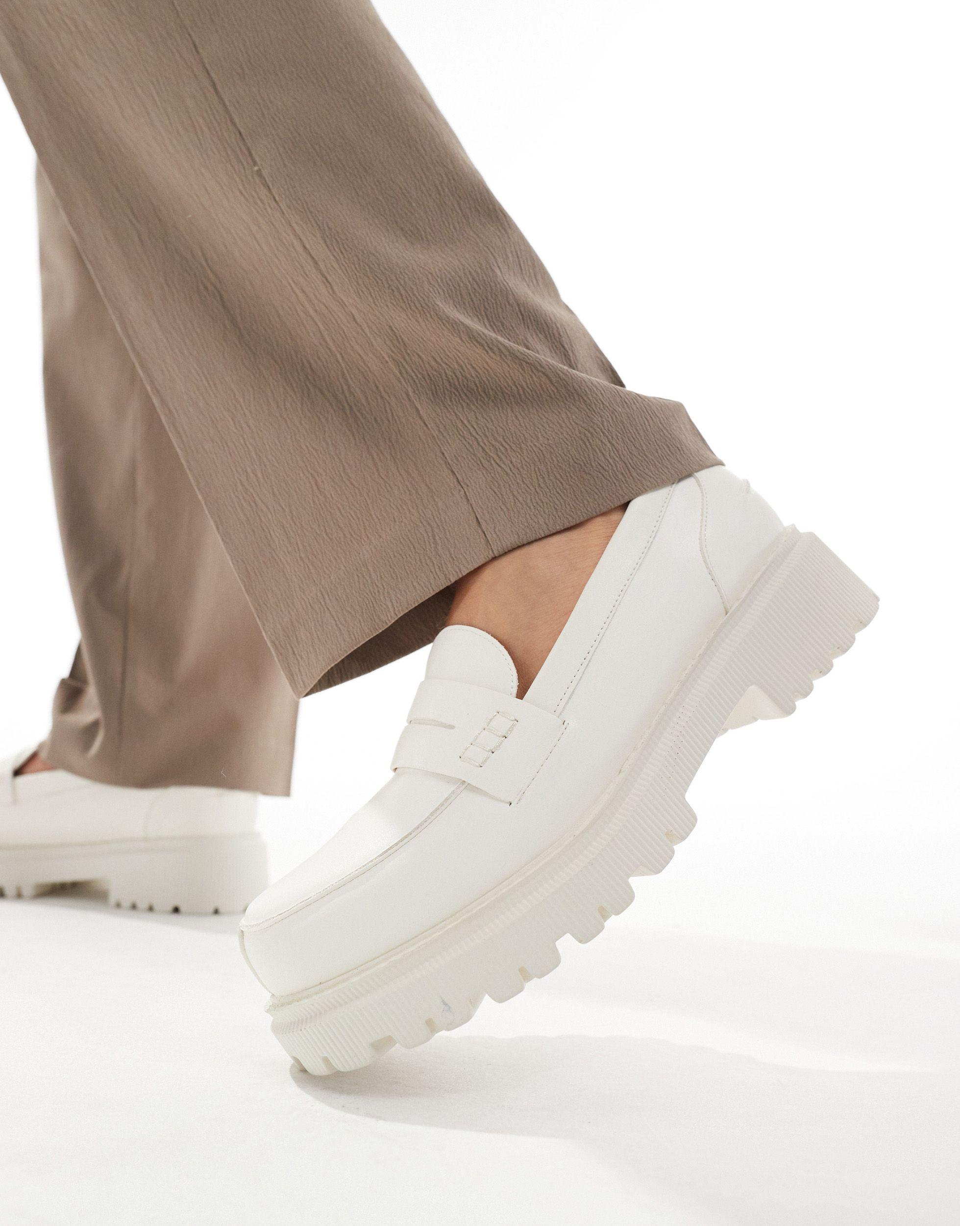 London Rebel Wide Fit Cleated Sole Chunky Penny Loafers in Natural for ...