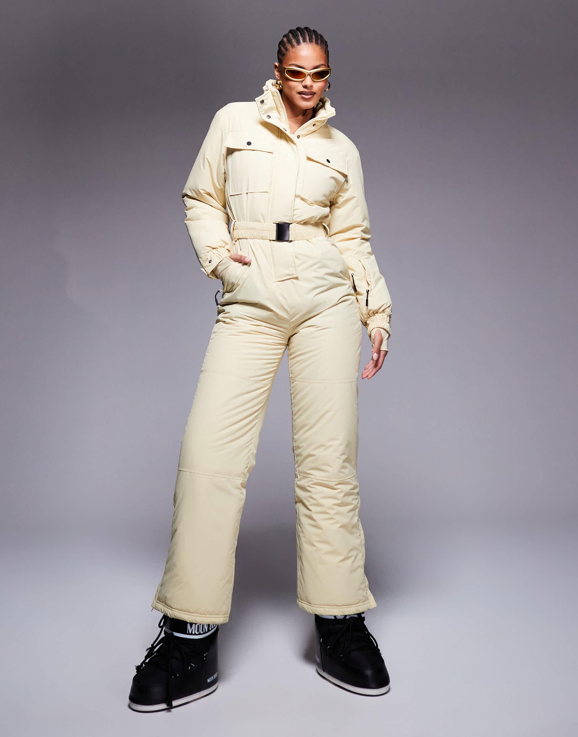 ASOS Tall Ski Retro Belted Ski Suit With Funnel Neck in Natural | Lyst