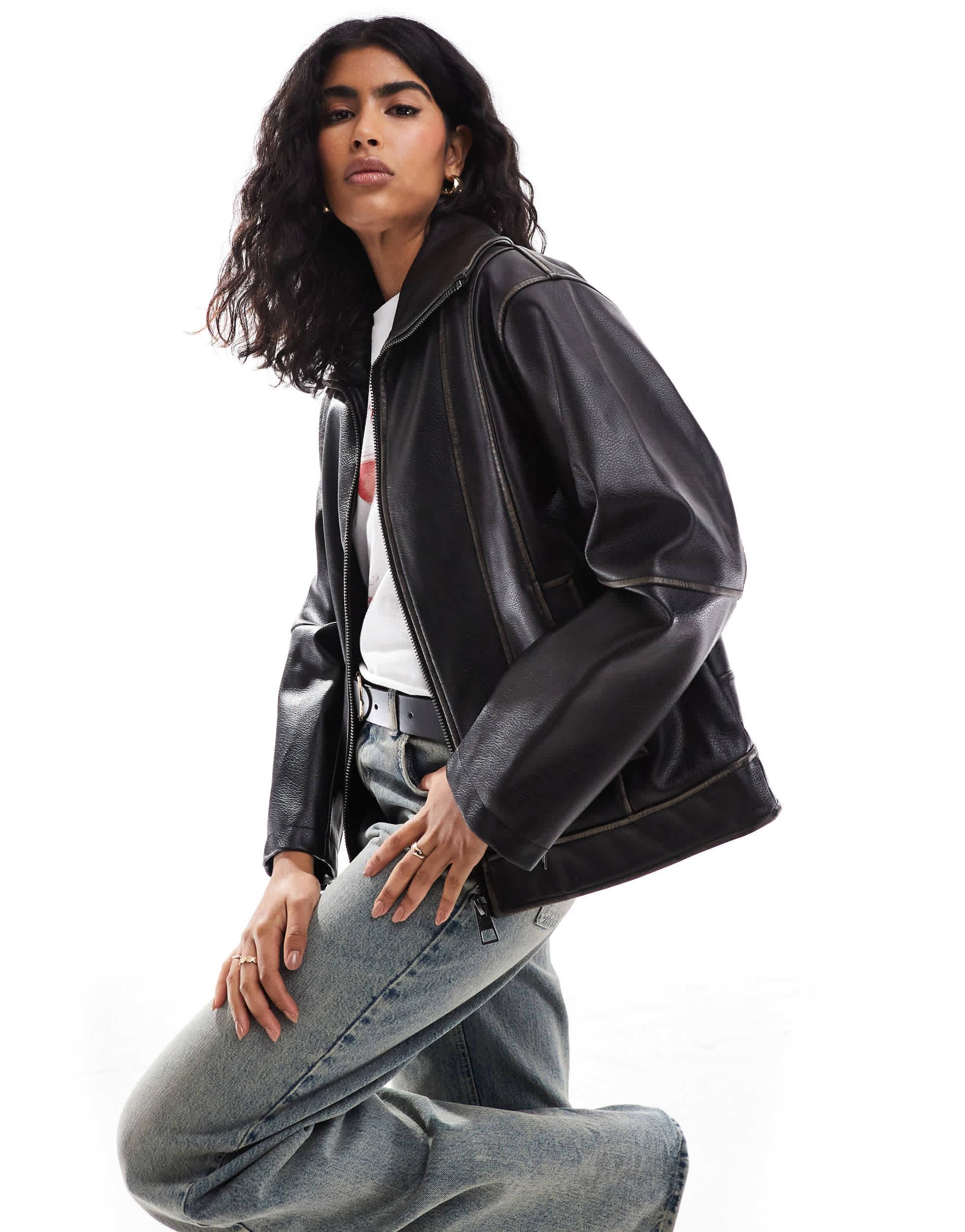 ASOS Funnel Neck Oversized Biker Jacket in Black | Lyst
