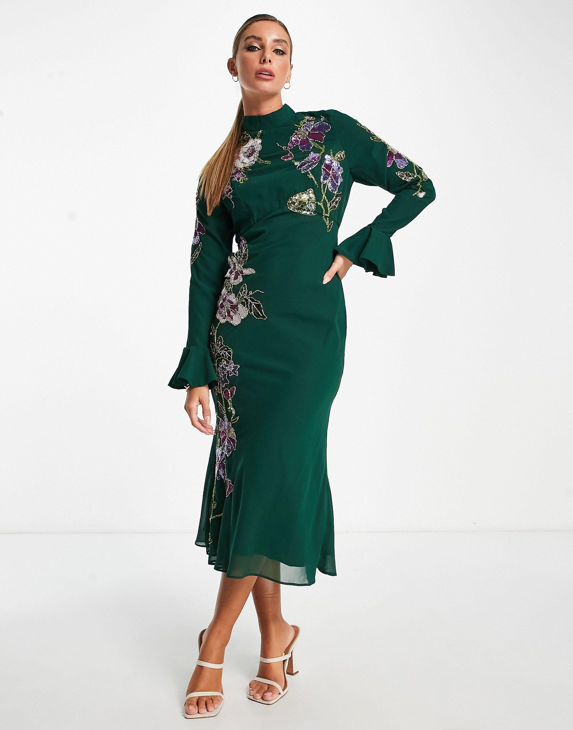 Asos Floral Embellished Midi Dress With Flared Cuff Detail In Green Lyst