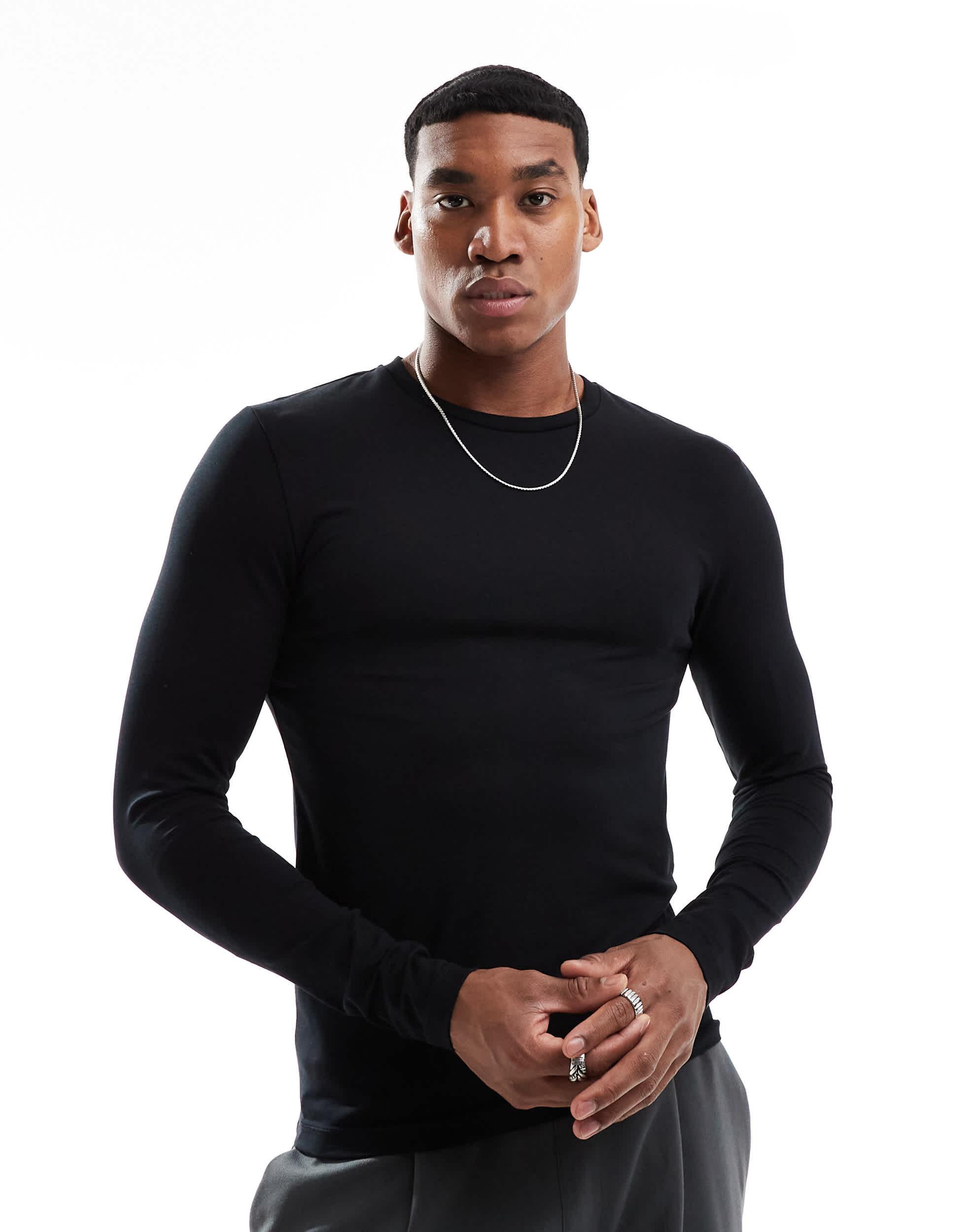 ASOS Essential Muscle Fit Long Sleeve T-shirt in Black for Men | Lyst