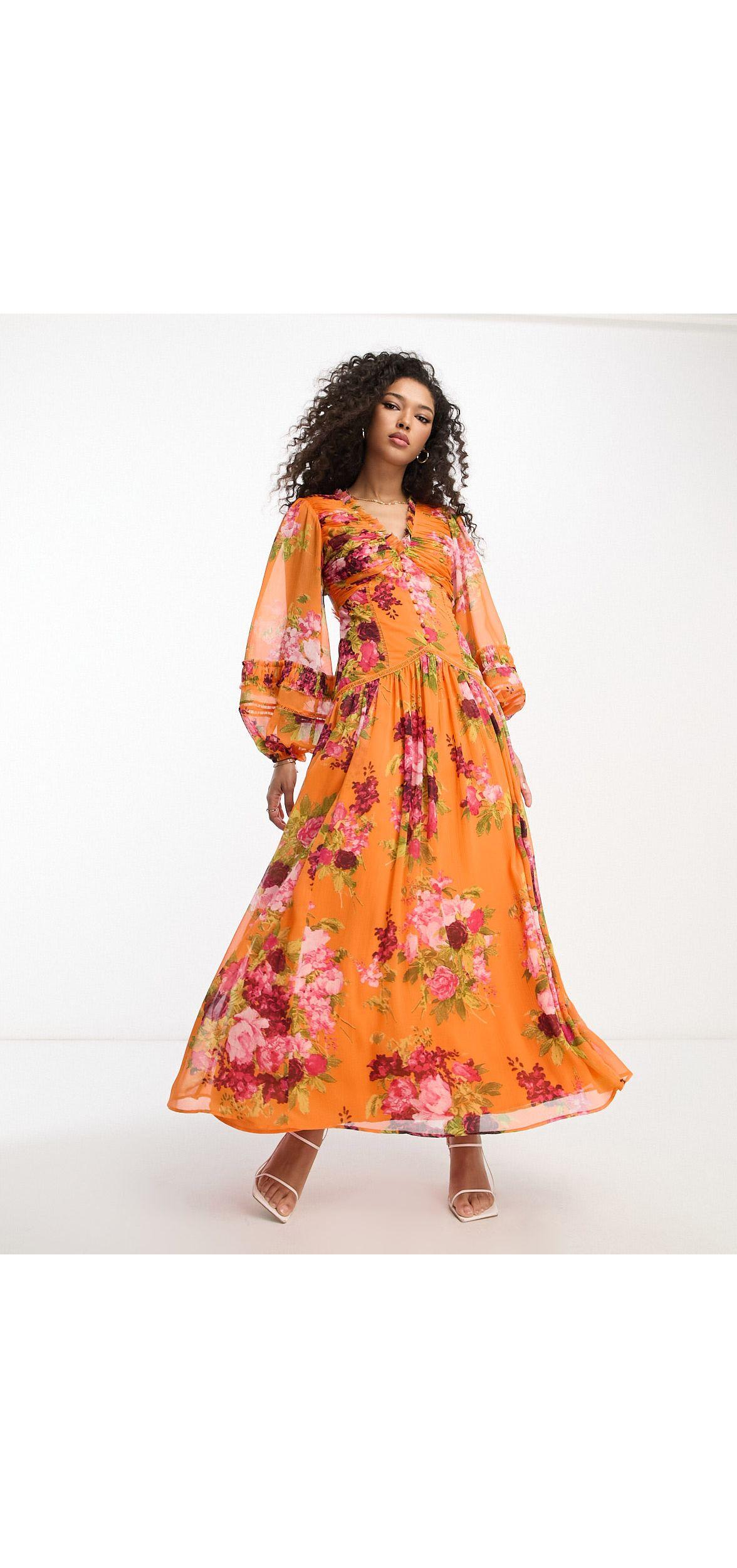 Asos Button Through Pintuck Maxi Dress With Lace Inserts In Orange Lyst