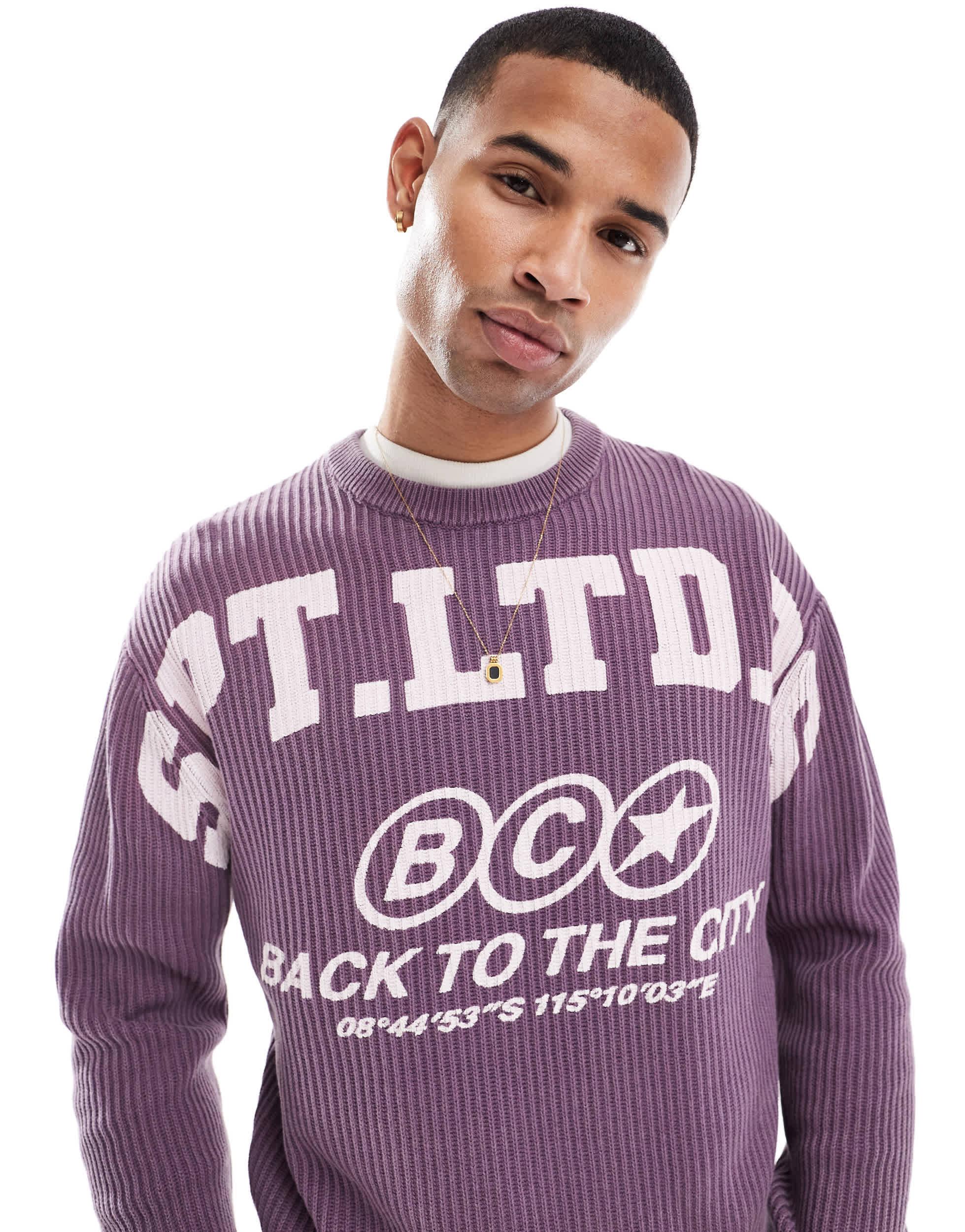 Bershka Washed Ribbed Sweater With Graphic in Purple for Men | Lyst