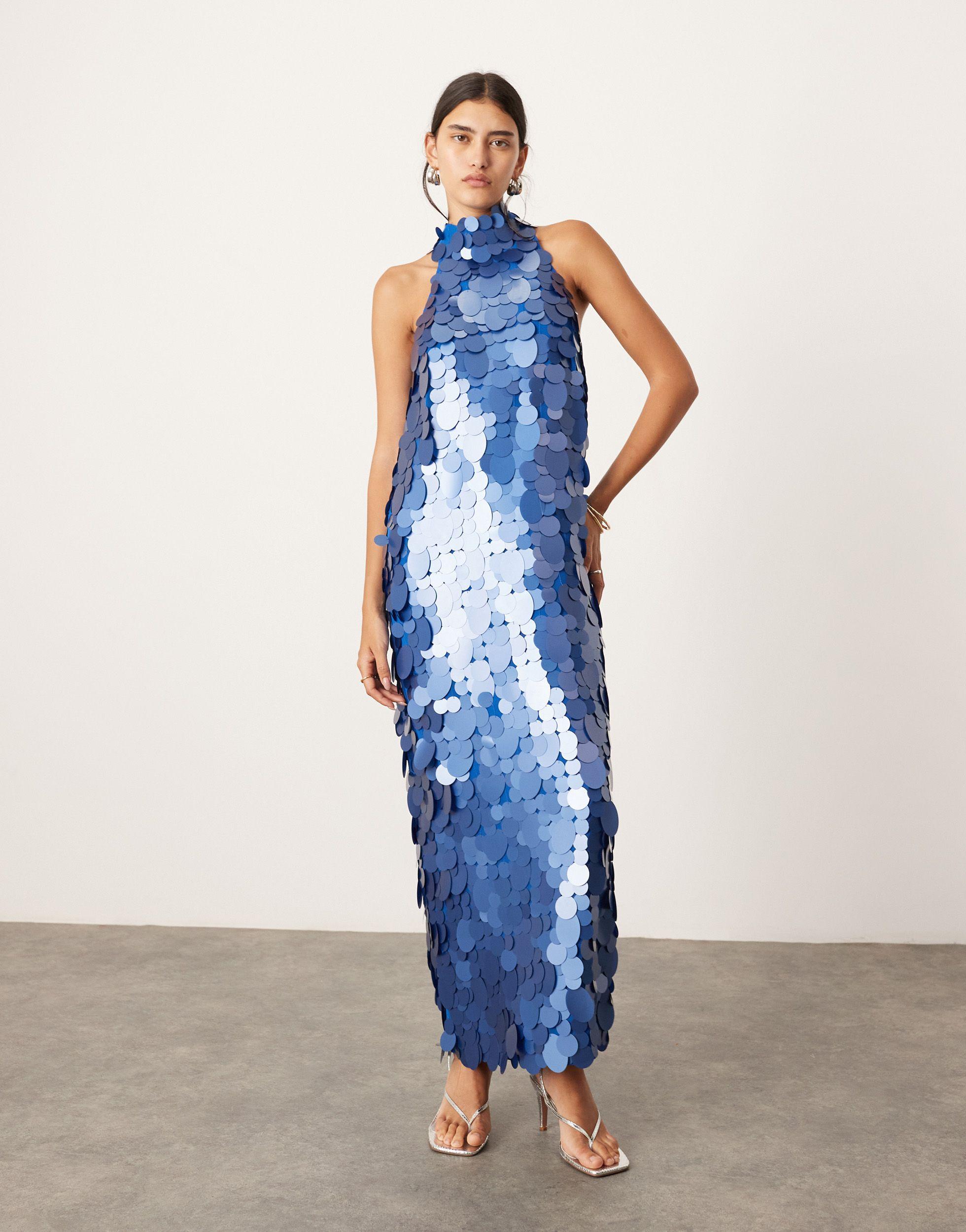 ASOS Embellished Matte Disc Sequin Column Midi Dress in Blue | Lyst