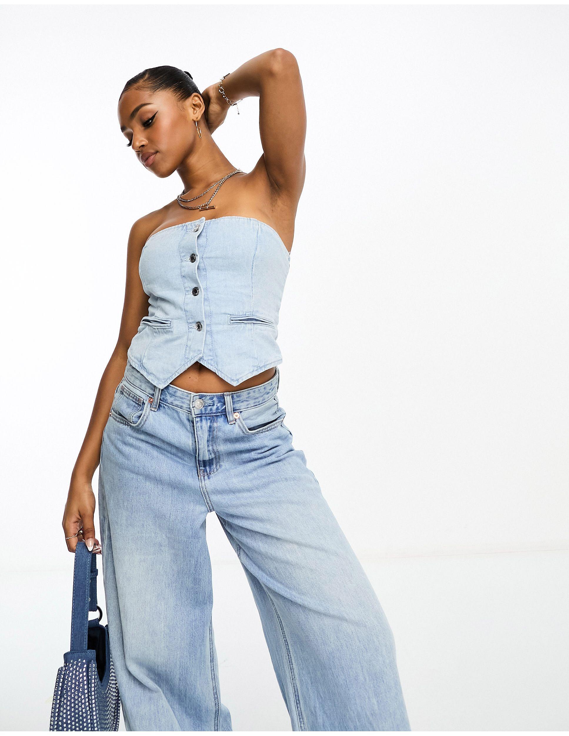 Bershka Denim Bandeau Corset Top In Blue Lyst