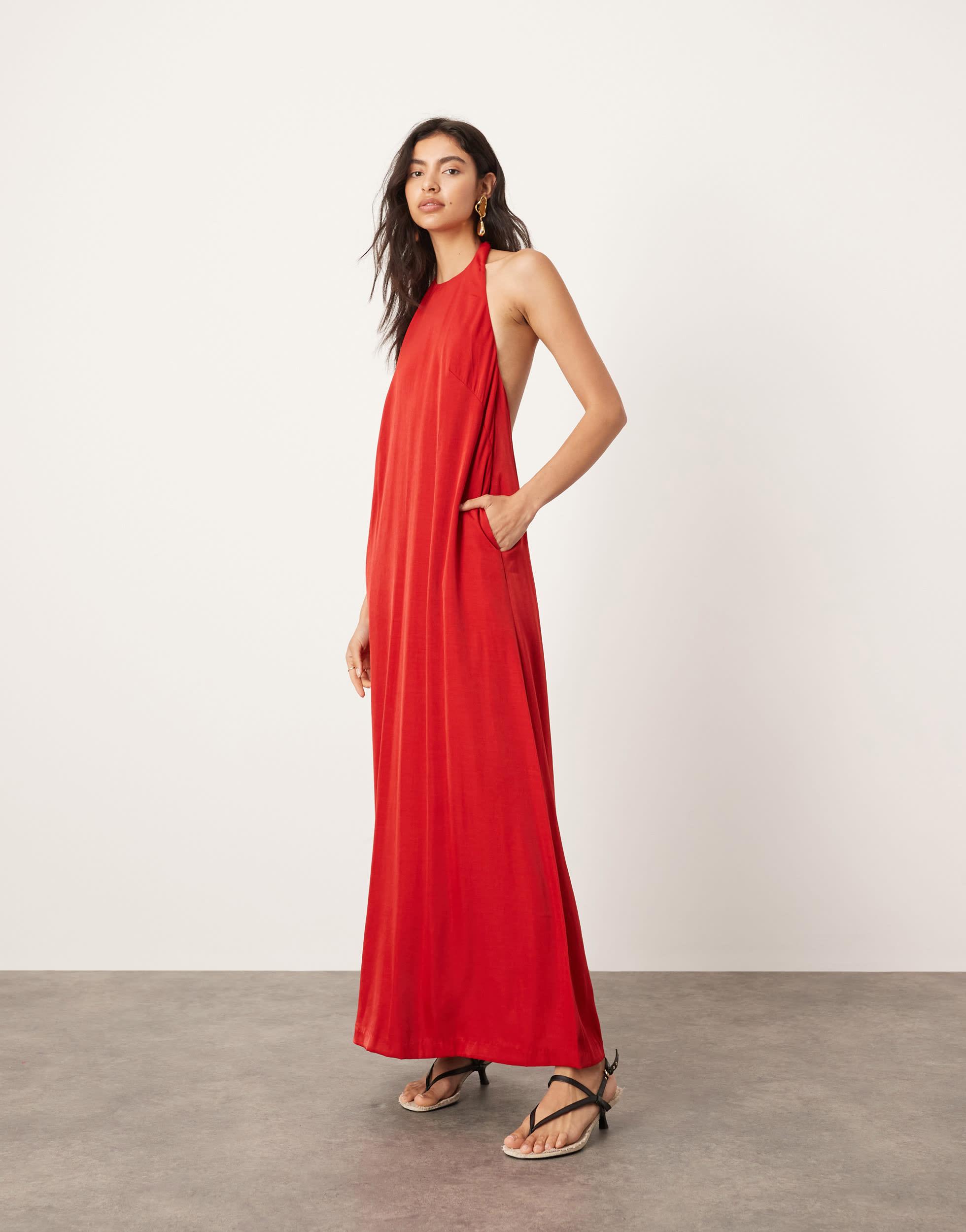 ASOS Soft Low Back Halterneck Maxi Dress With Pockets in Red | Lyst