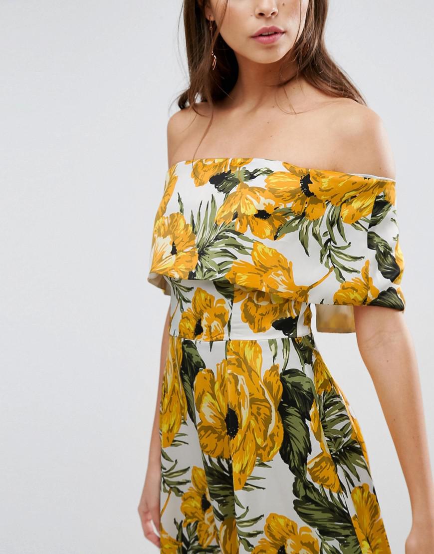 Lyst Asos Golden Floral Bardot Midi Dress In Yellow
