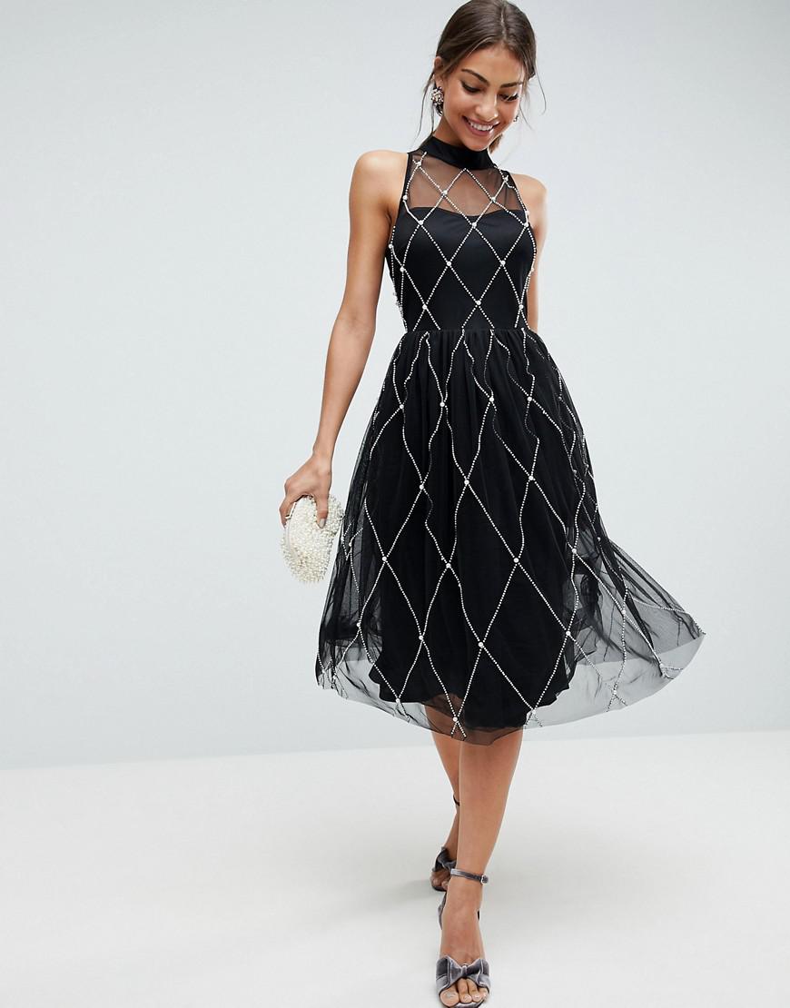 Lyst - Asos Premium High Neck Pearl Embellished Midi Prom Dress in Black Lyst - Asos Premium High Neck Pearl Embellished Midi Prom Dress in Black